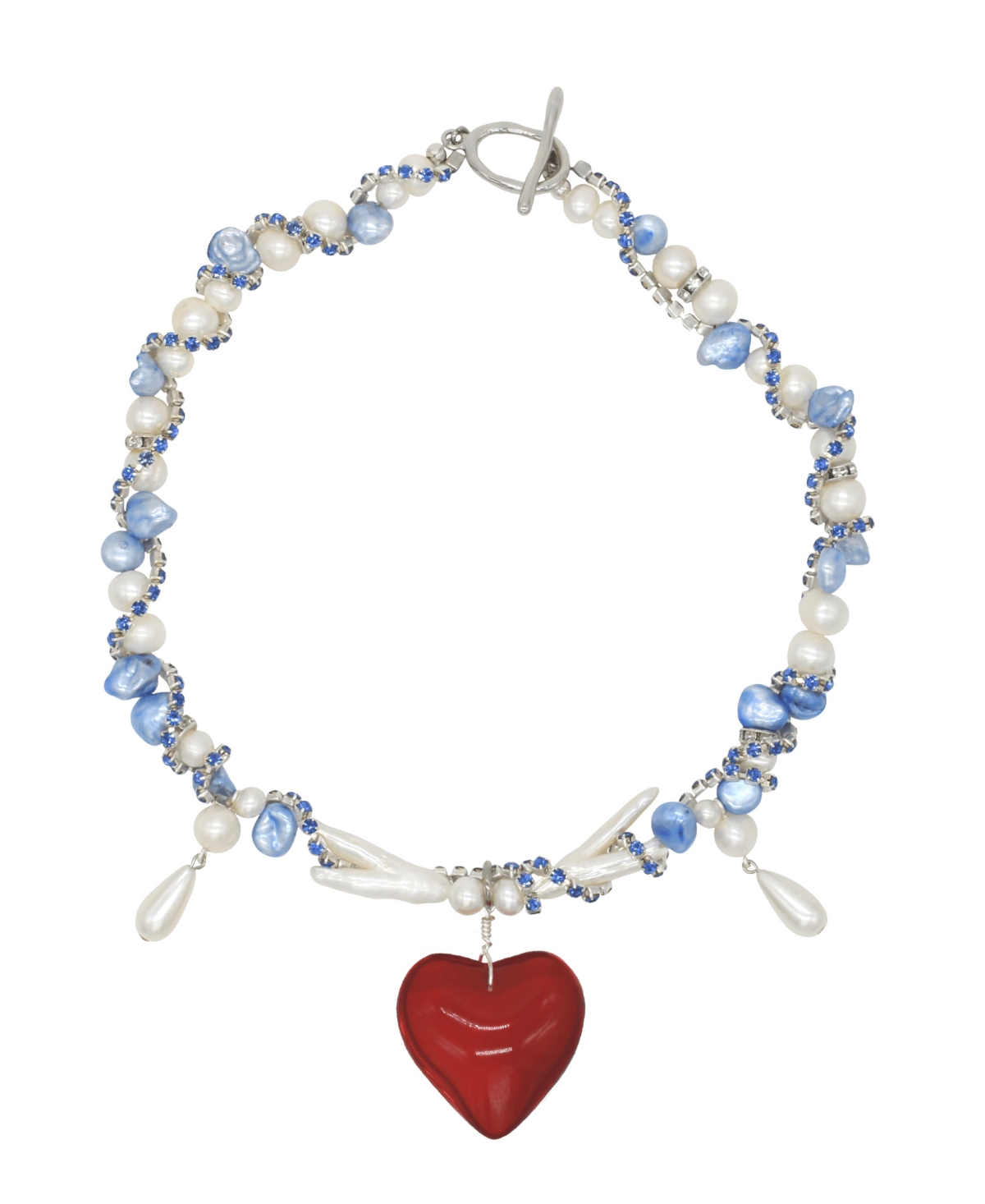 Click here for White and Blue Pearl Necklace with Acrylic Red Hea... prices