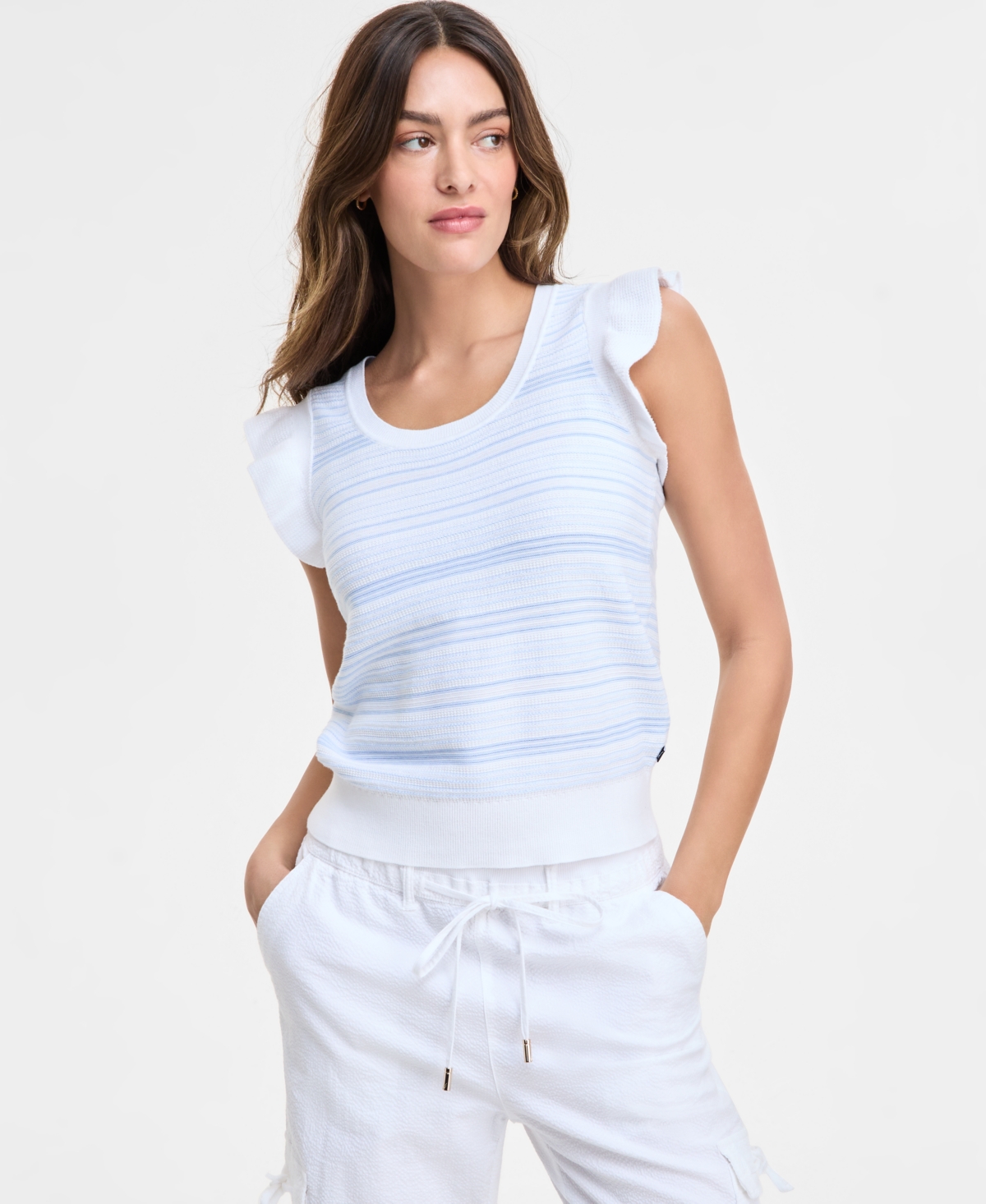 Click here for Nautica Jeans Womens Cotton Striped Ruffled-Sleeve... prices