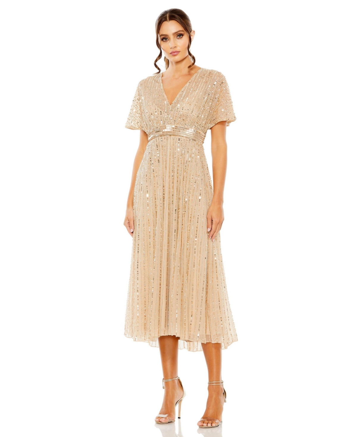 Womens A Line Embellished Short Sleeve Dress - Taupe