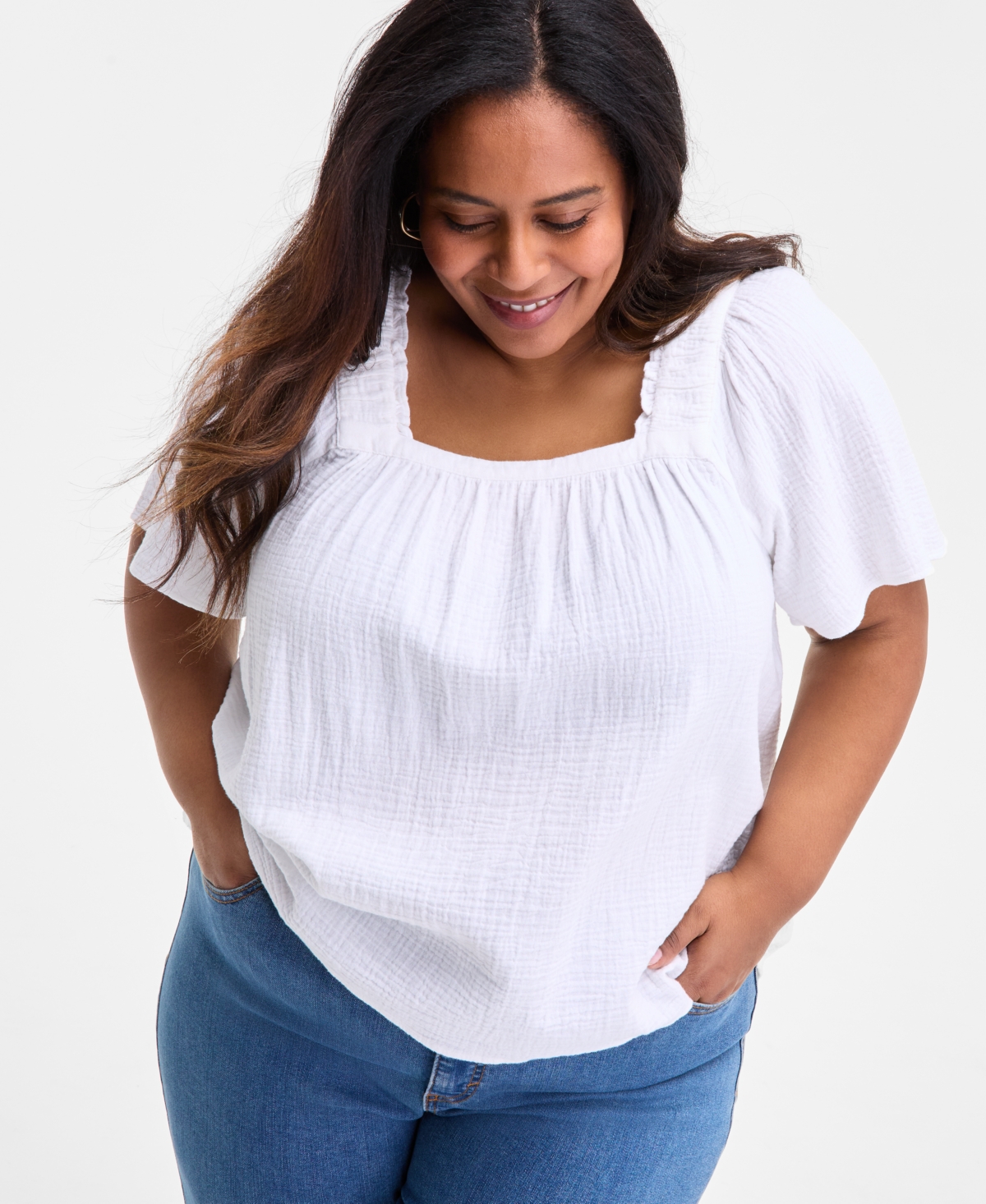 Click here for Style & Co Plus Size Smocked-Square-Neck Short-Sle... prices