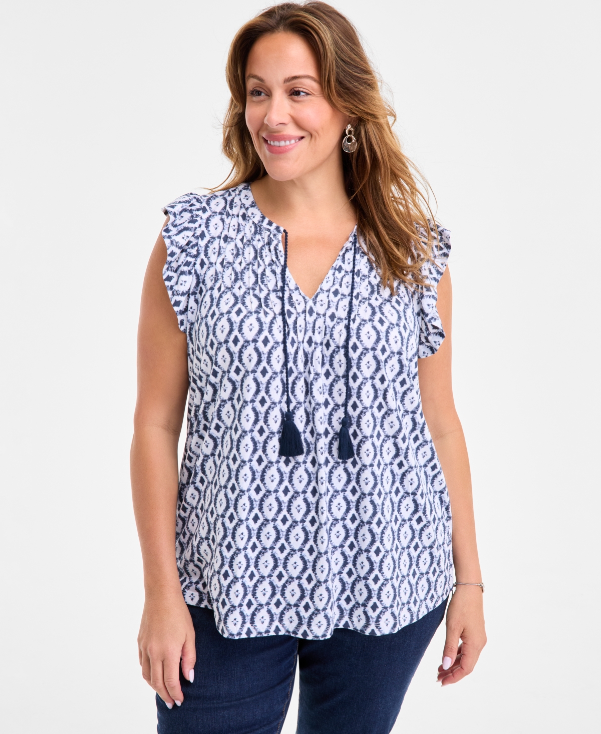 Click here for Style & Co Plus Size Printed Ruffle Pintuck Top  E... prices