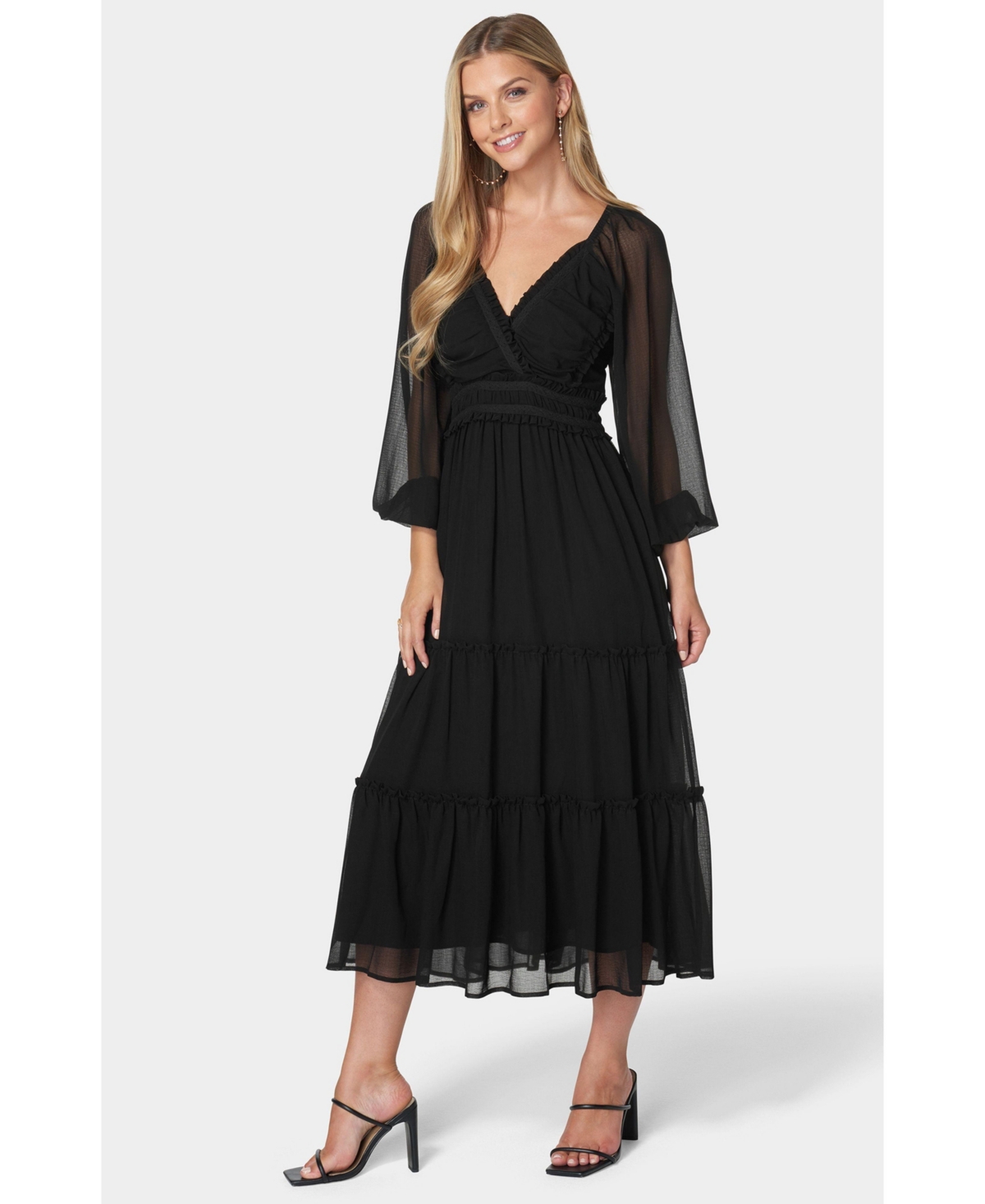 Click here for Bebe Womens Lace Up Back Chiffon Midi Dress - Blac... prices