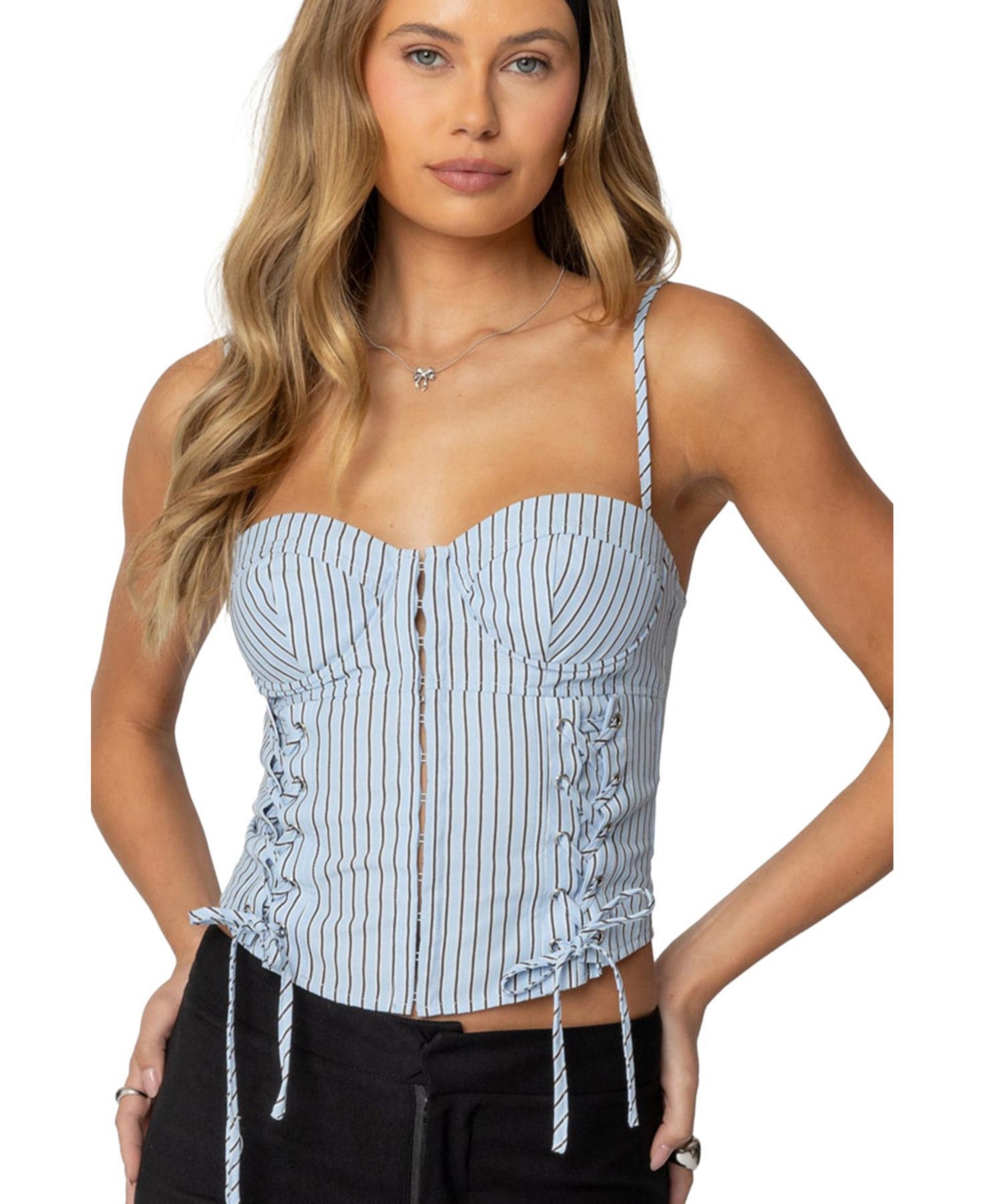 Edikted Womens Lois Lace Up Pinstripe Corset - Light-blue