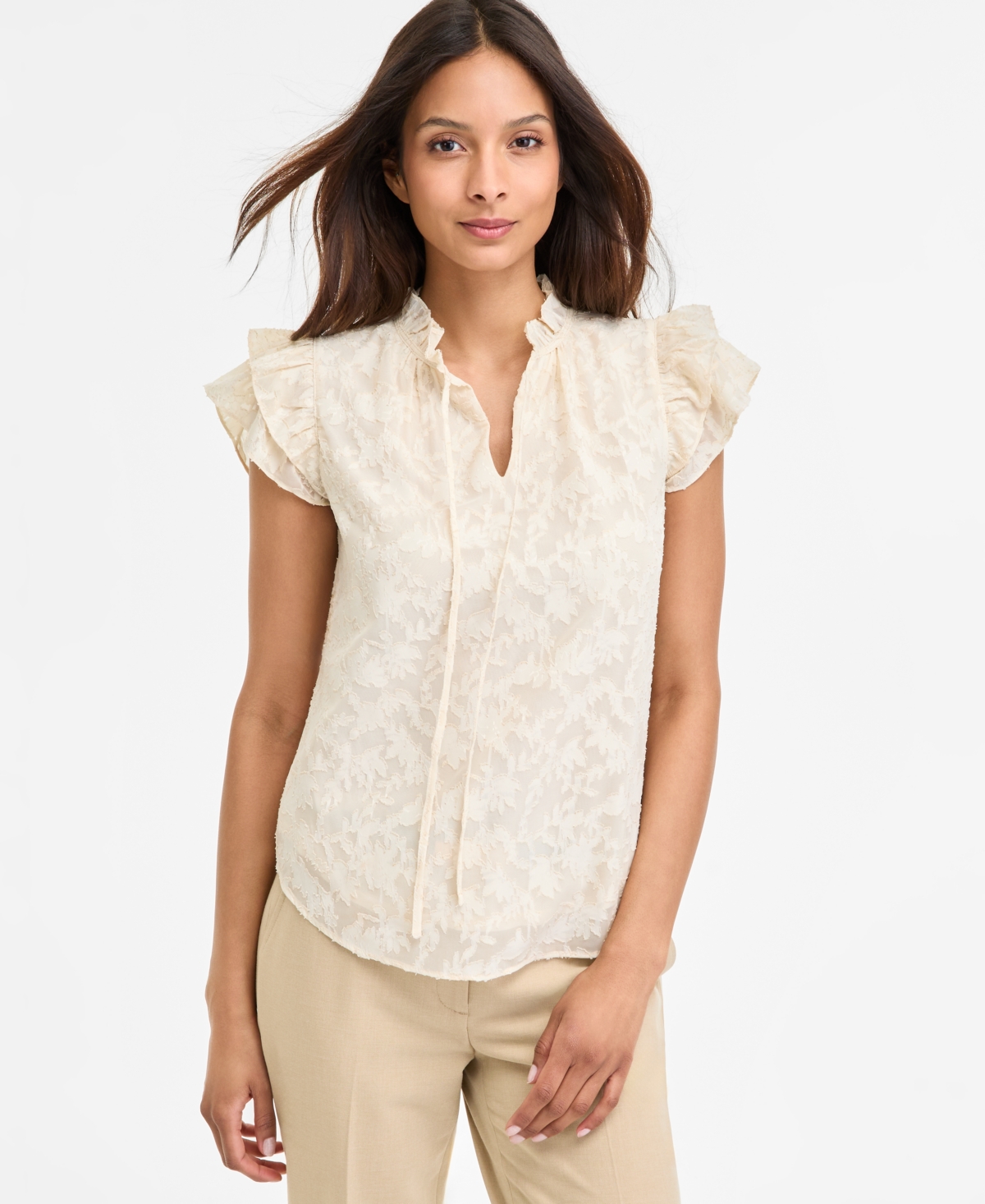 Click here for Anne Klein Petite Double-Ruffle-Sleeve Tie-Neck Bl... prices
