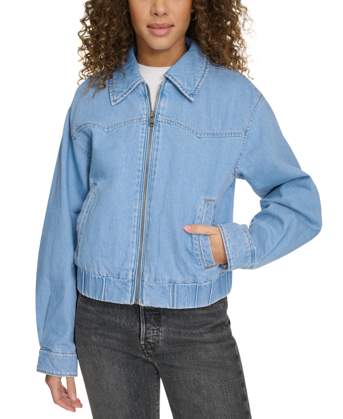 Click here for Levis Womens Western Zip-Front Denim Bomber Jacket... prices