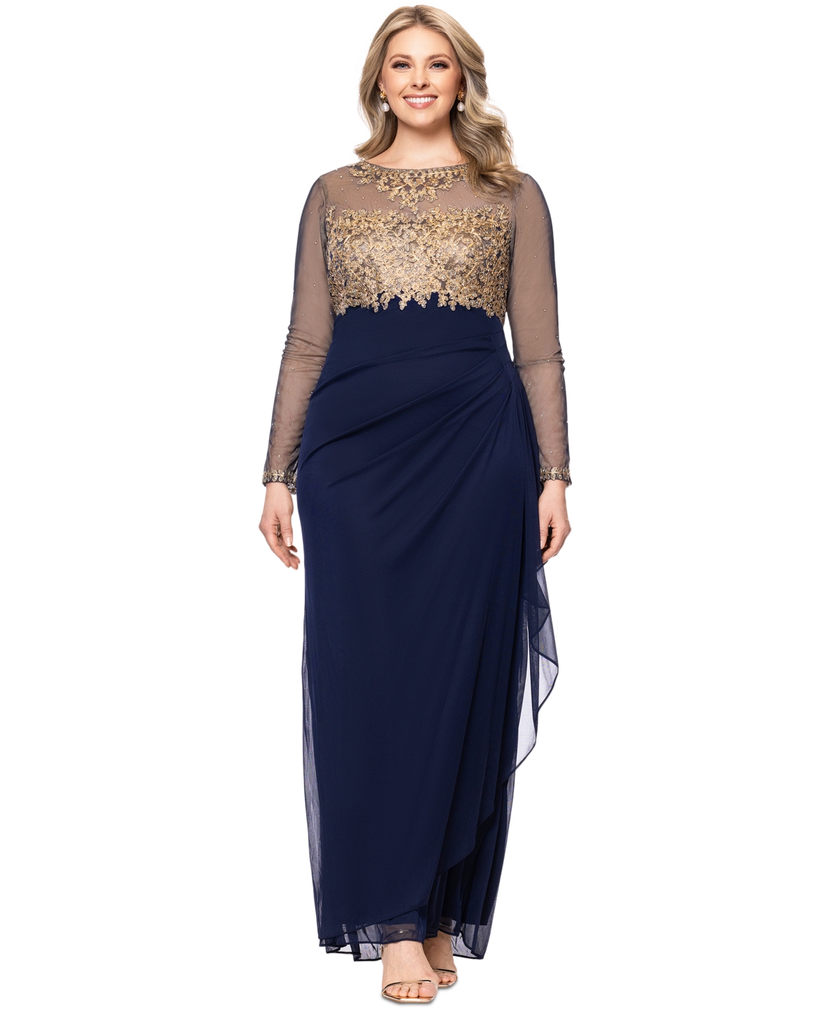 Click here for Xscape Plus Size Embroidered Illusion Gown - Navy/... prices