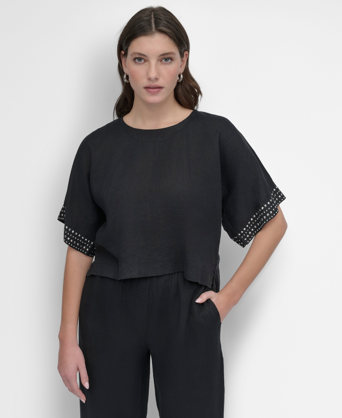 Click here for Dkny Womens Cropped Short-Sleeve Studded Linen Top... prices