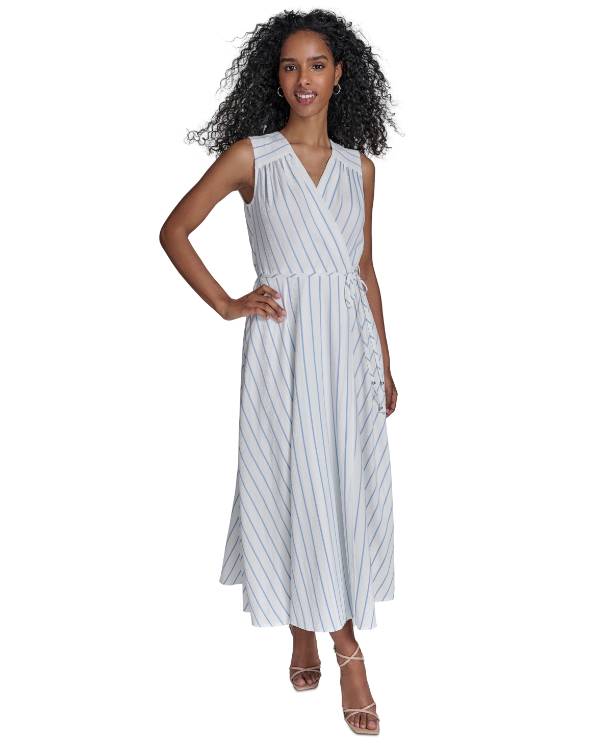 Click here for Calvin Klein Petite Striped Faux-Wrap Maxi Dress -... prices