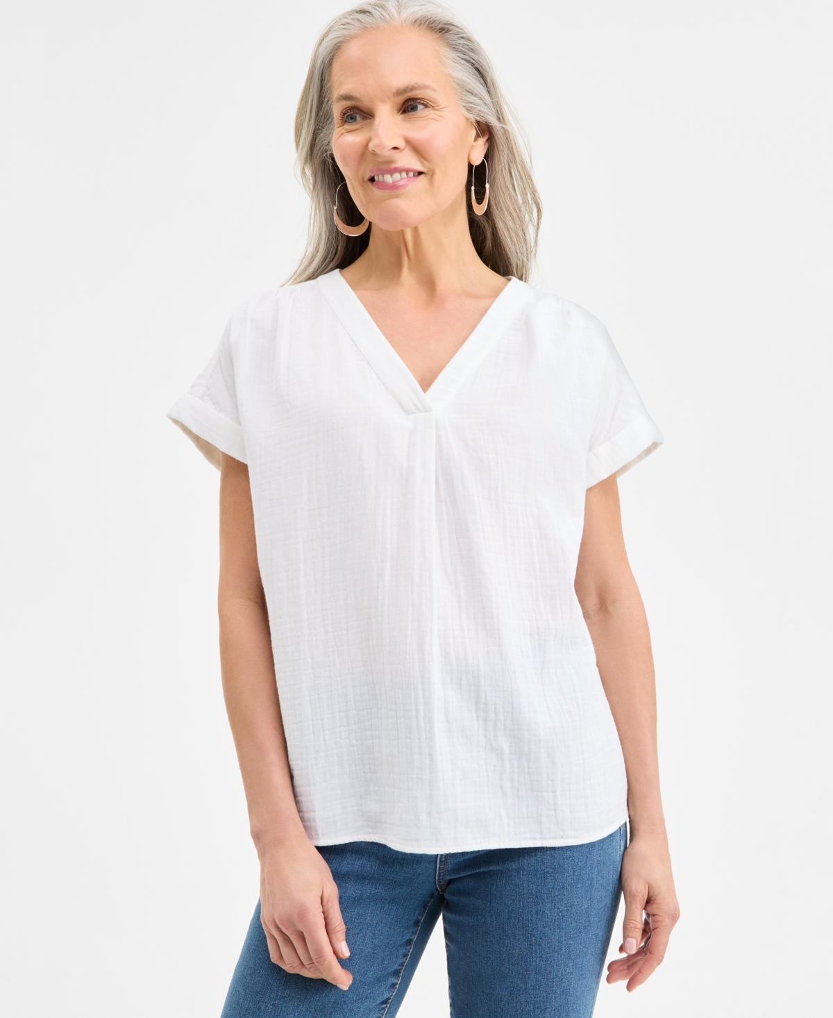 Click here for Style & Co Womens Cotton Gauze V-Neck Short-Sleeve... prices