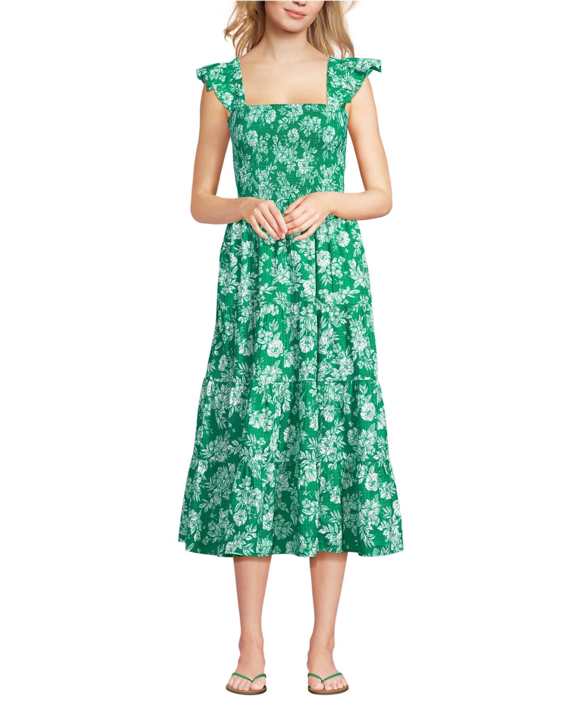 Click here for Lands End Womens Cotton Dobby Smocked Dress with R... prices