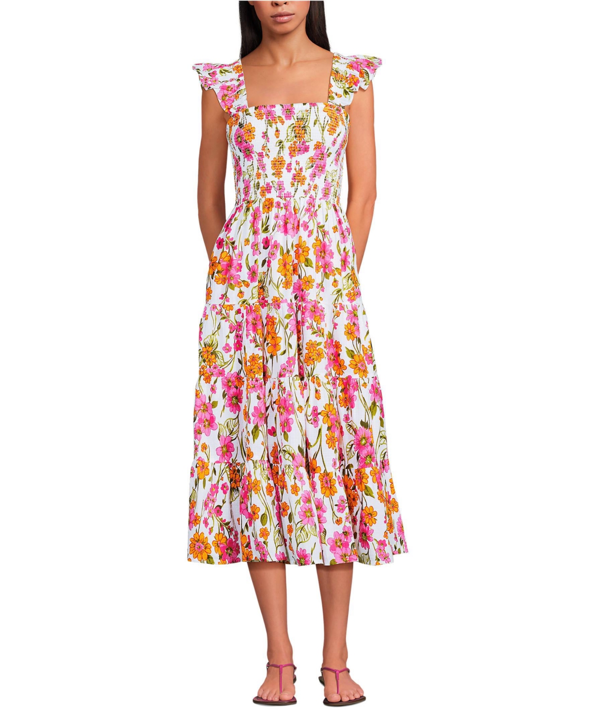 Click here for Lands End Womens Cotton Dobby Smocked Dress with R... prices