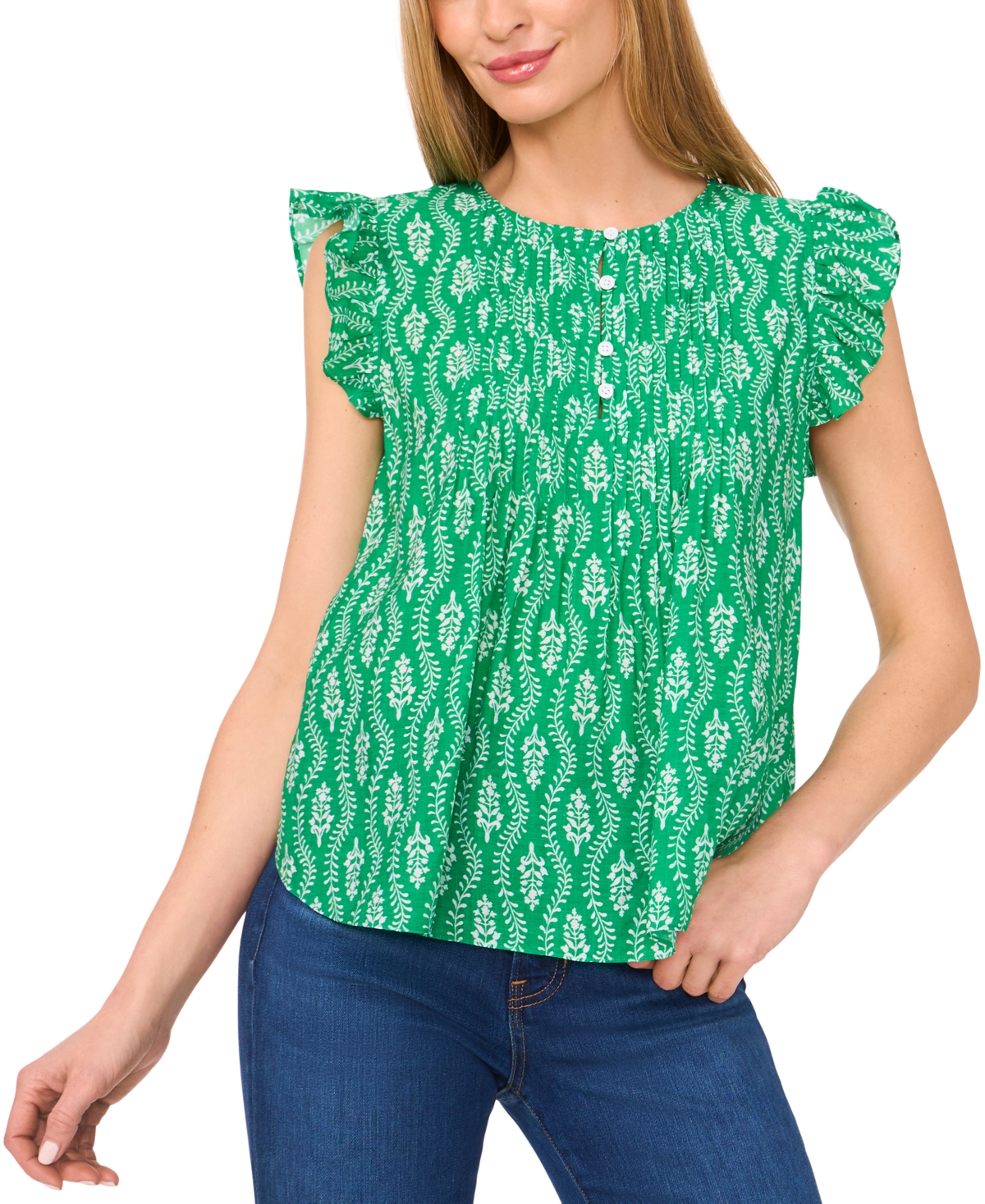 Click here for CeCe Womens Floral Button-Front Ruffle-Sleeve Blou... prices