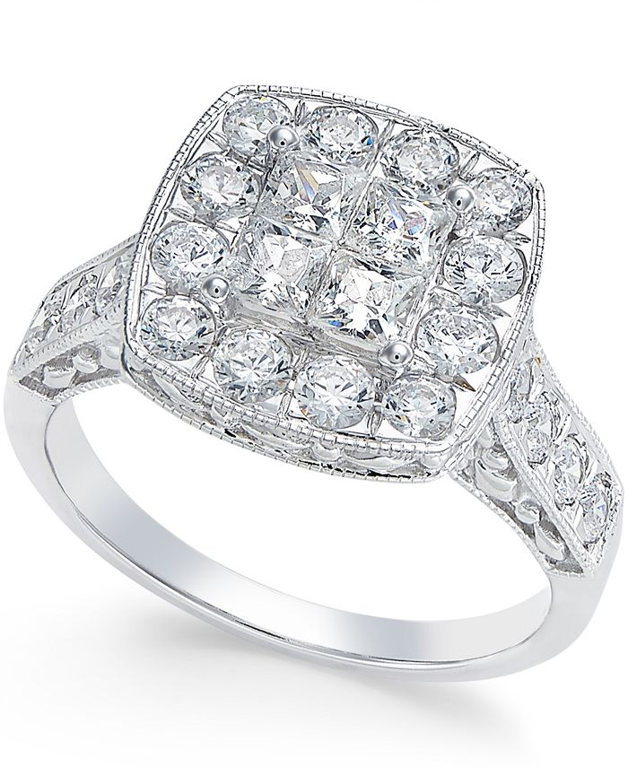 Macy's Diamond Square Cluster Ring (1-1/2 ct. t.w.) in 14k White Gold ...