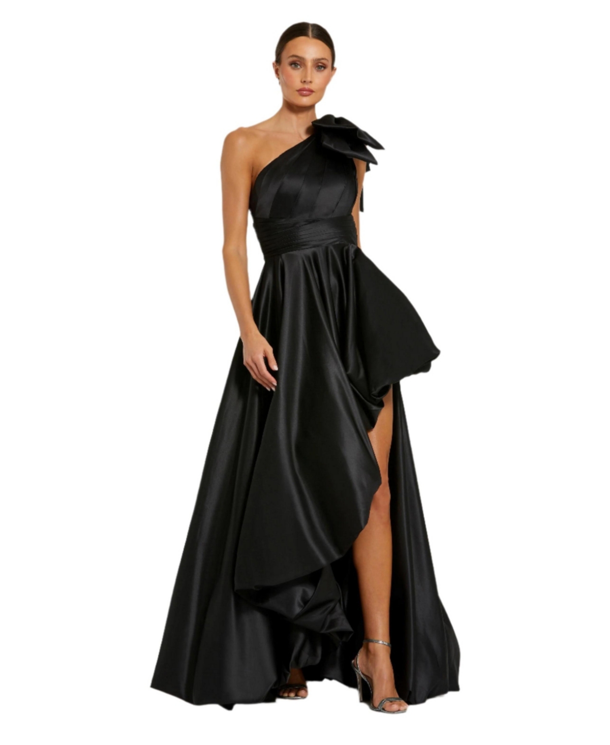 Click here for Mac Duggal Womens Satin One Shoulder Bow Gown - Bl... prices