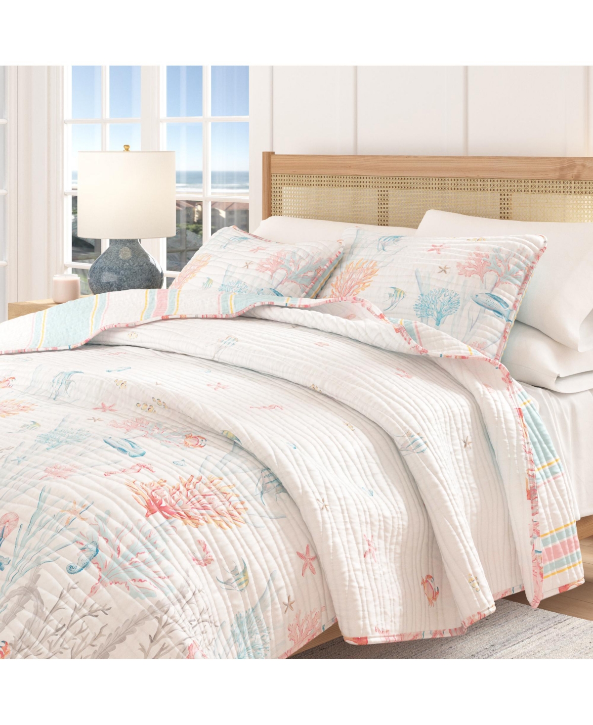 Click here for Linery & Co. Fading Coral Stitched Quilt Set with... prices