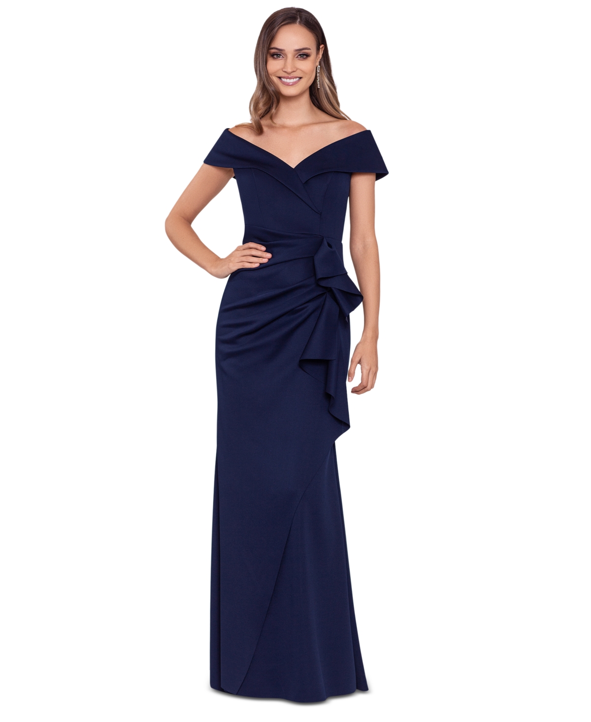 Click here for Xscape Petite Off-The-Shoulder Ruffle Gown - Midni... prices