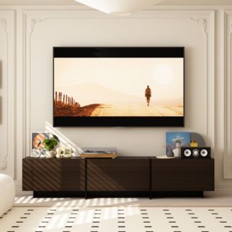 Flip-down 3-door TV stand, black wood media console, multi-purpose ...