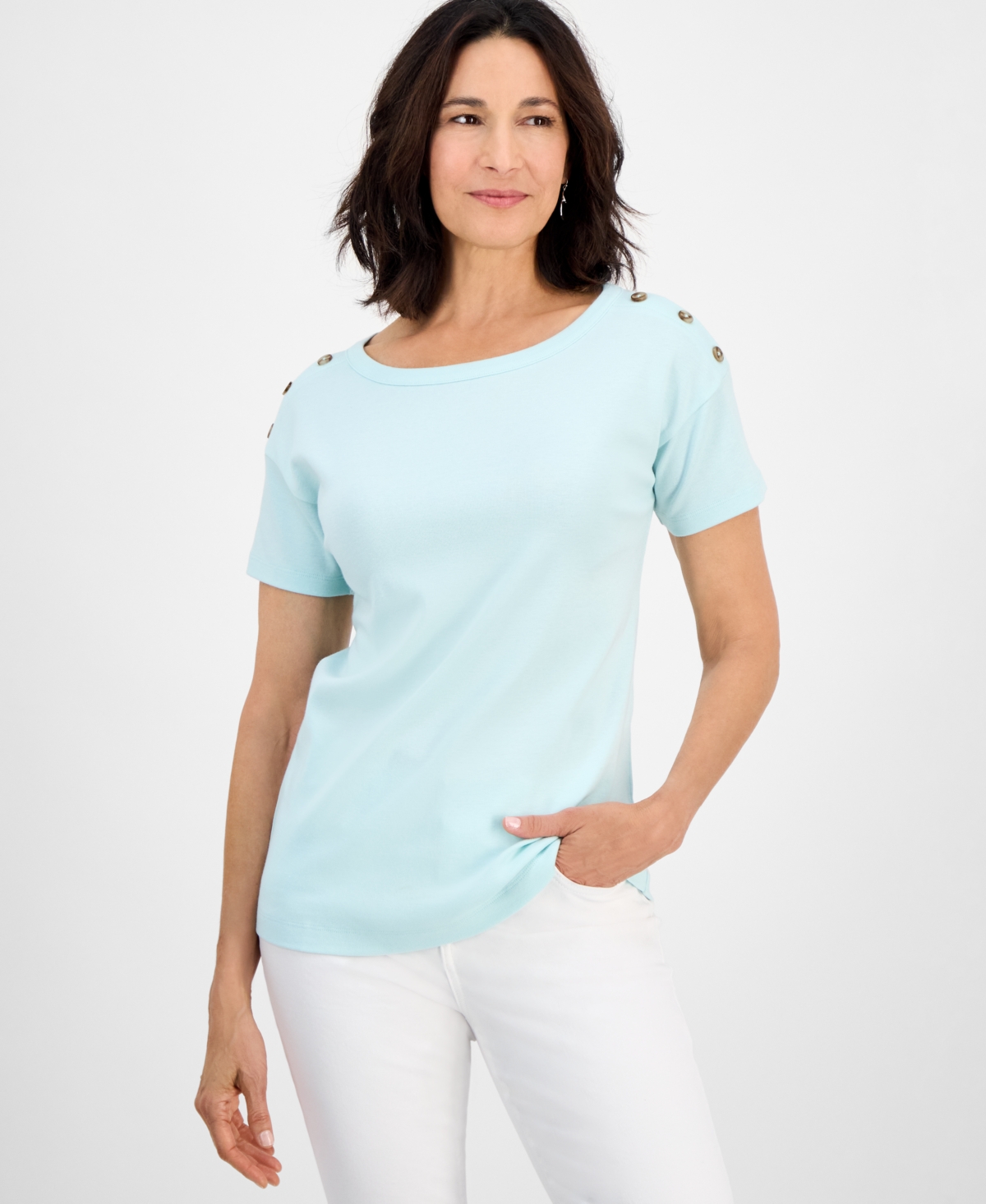 Click here for Style & Co Womens Pima Cotton Button-Shoulder Top... prices