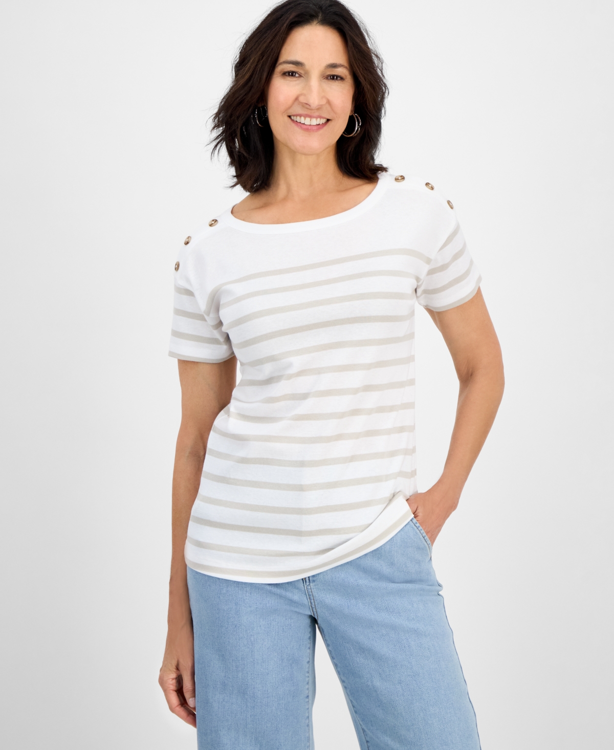 Click here for Style & Co Womens Pima Cotton Button-Shoulder Top... prices