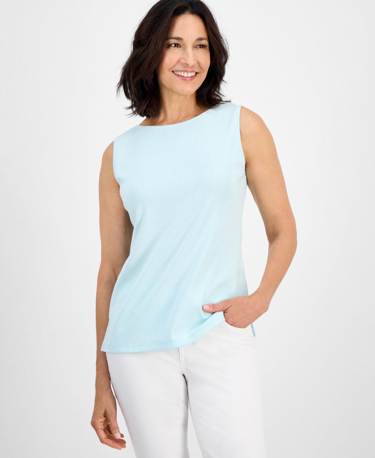 Click here for Style & Co Womens Cotton Boat-Neck Sleeveless Top... prices