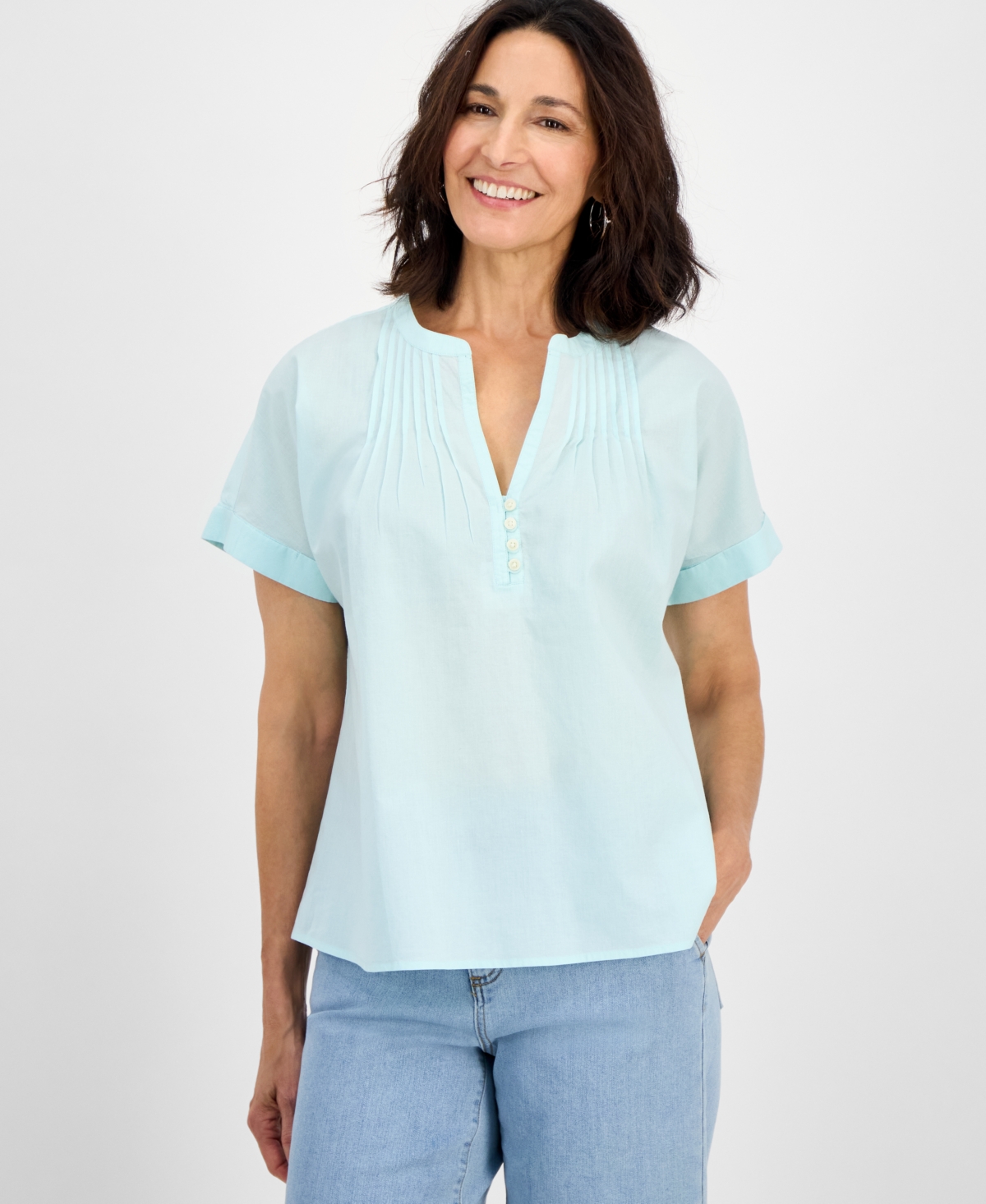 Click here for Style Co Womens Cotton Pintucked Camp Top  Exclusi... prices