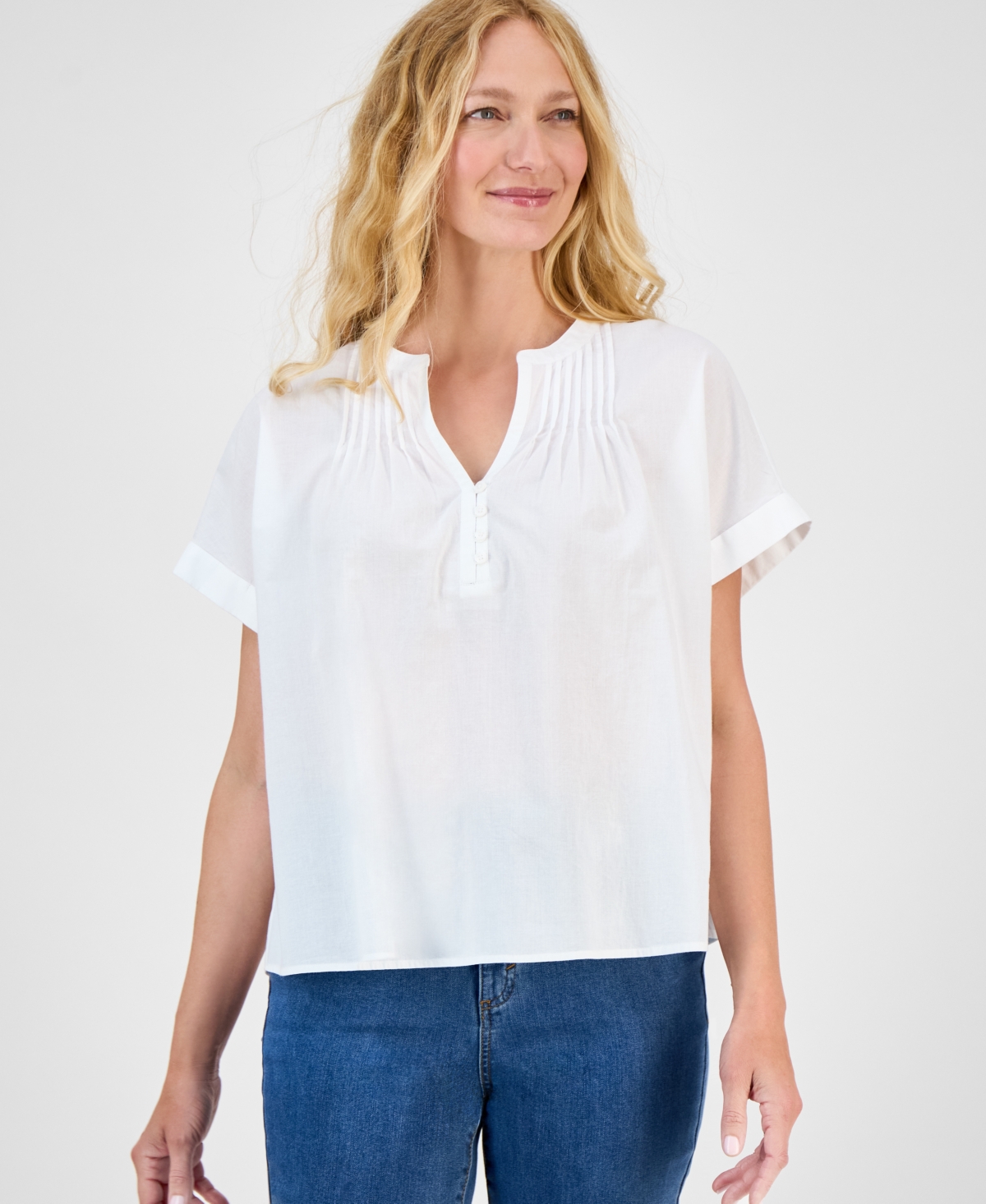 Style Co Womens Cotton Pintucked Camp Top  Exclusively at Macys - Bright White
