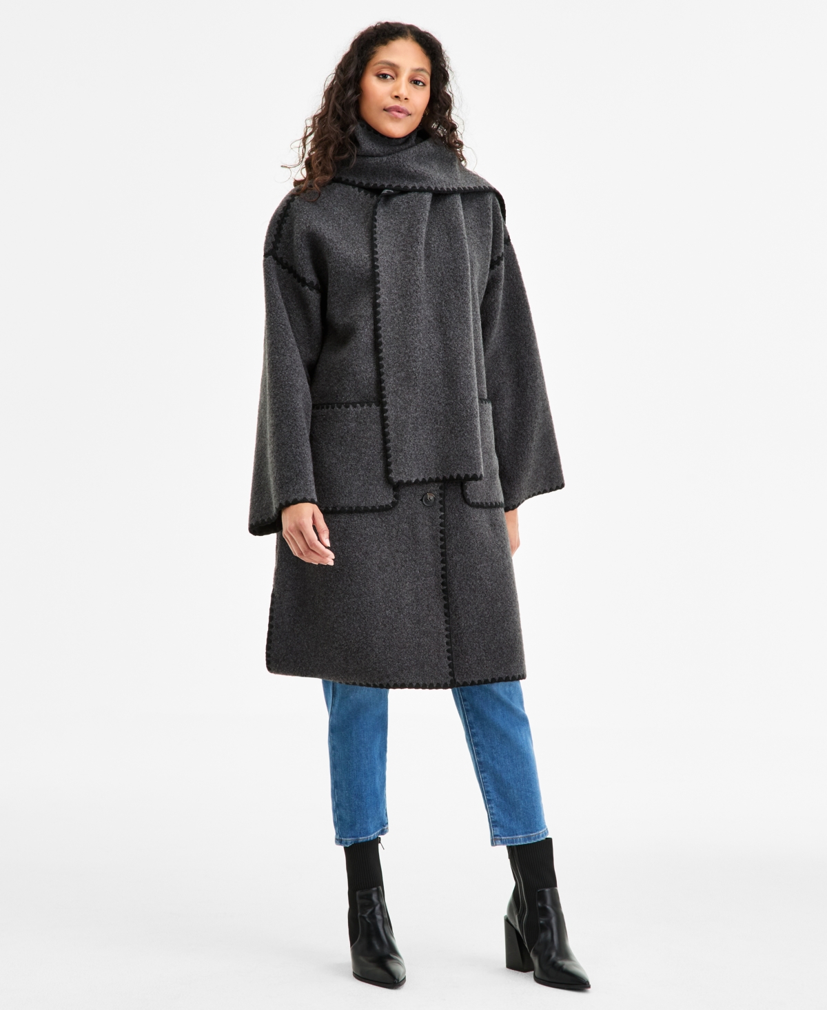 Click here for Bcbgmaxazria Petite Button-Front Scarf Coat - Char... prices