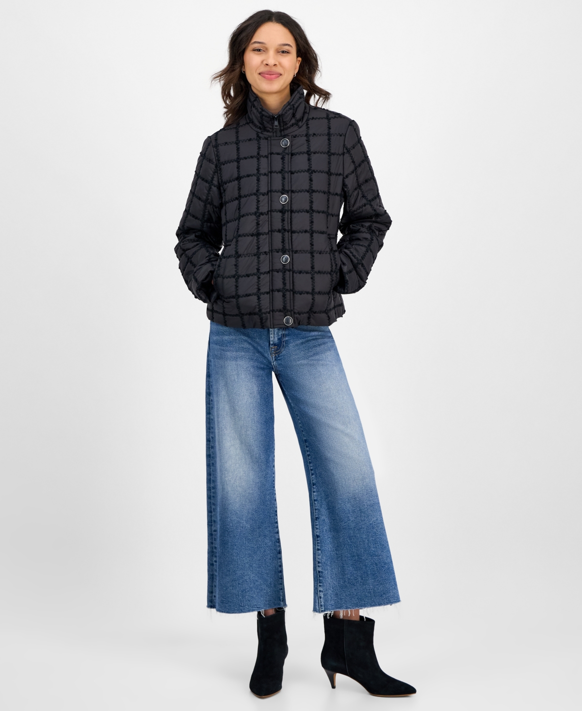 Click here for CeCe Womens Short Boucle Windowpane Quilted Coat -... prices