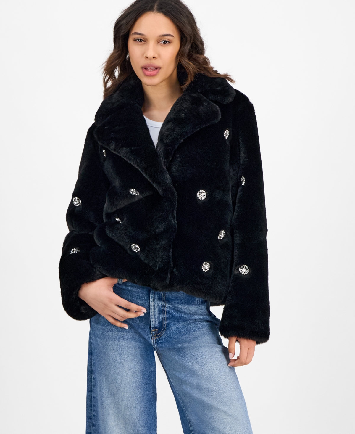 Click here for CeCe Womens Short Embellished Faux-Fur Coat - Blac... prices
