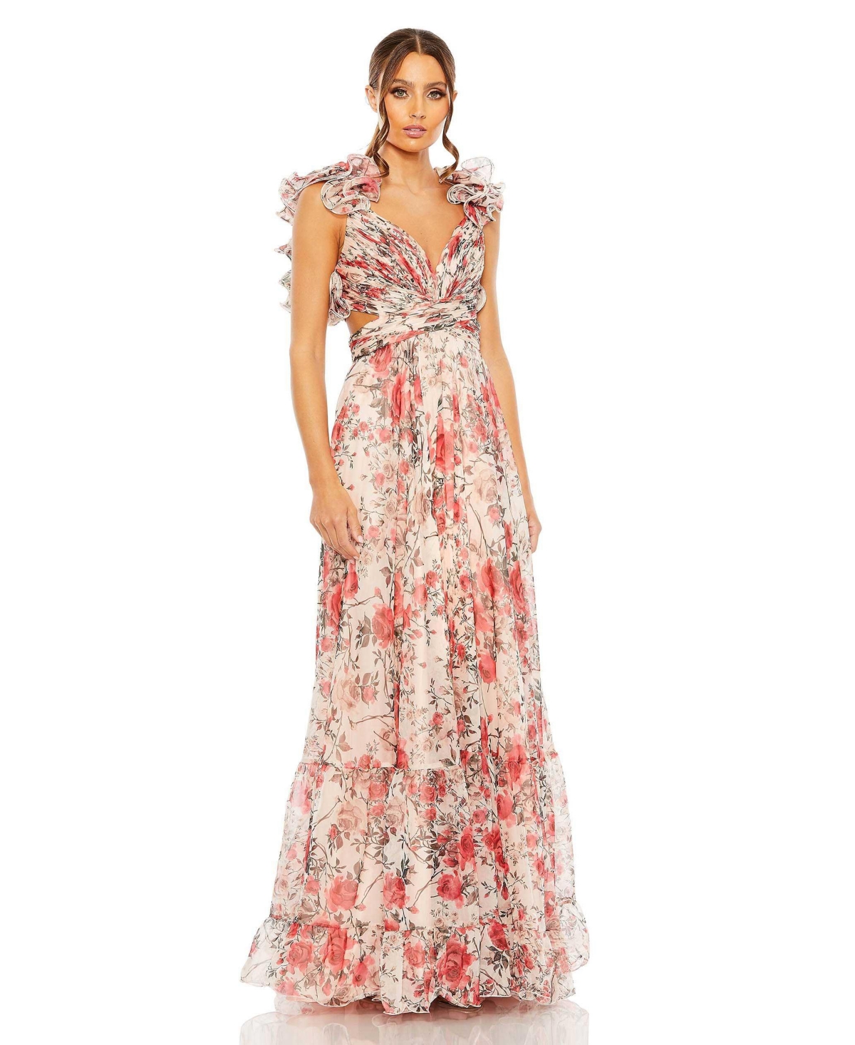 Click here for Mac Duggal Womens Ruffle Tiered Floral Cut-Out Chi... prices