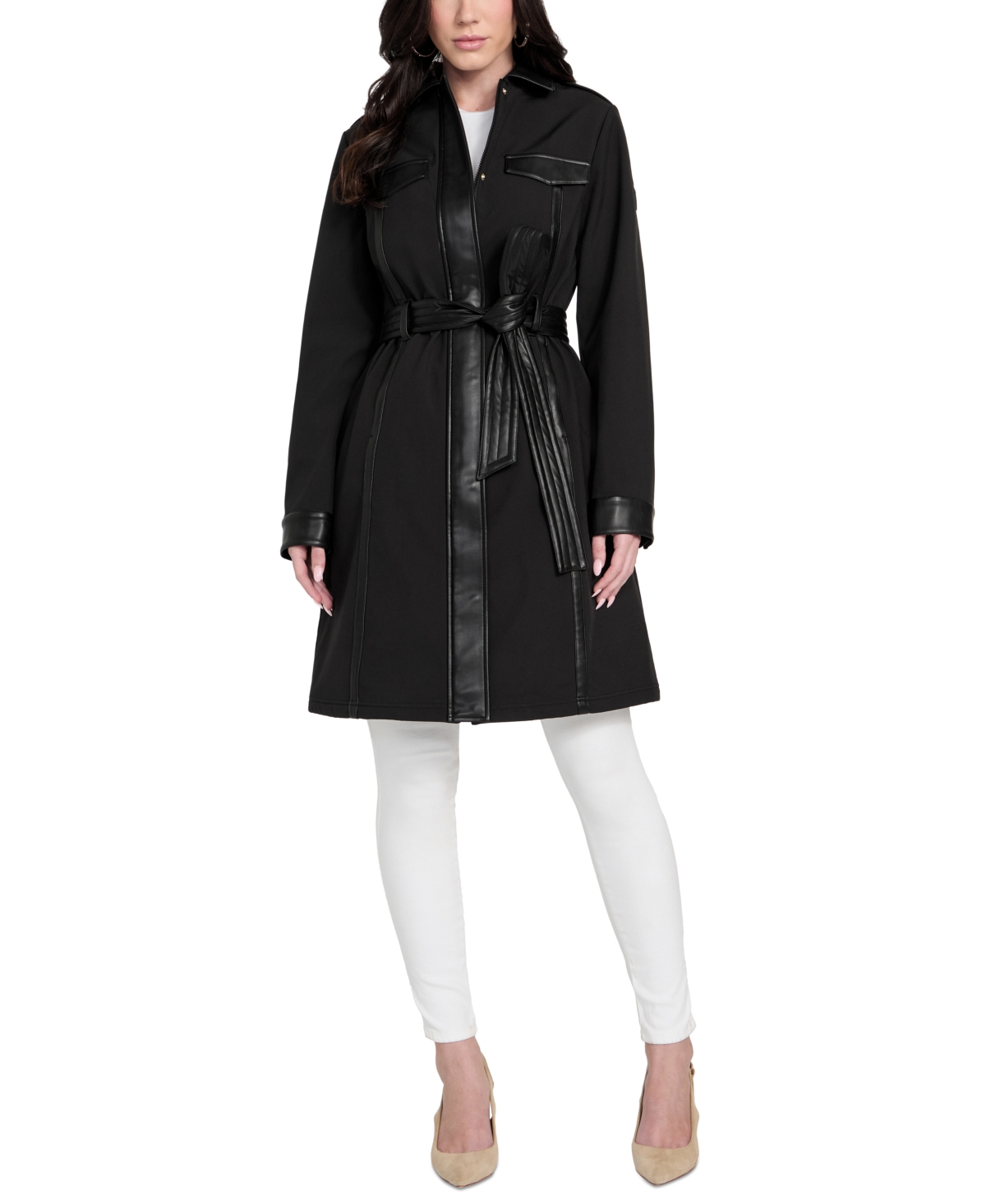 Click here for Guess Womens Faux-Leather-Trim Belted Trench Coat... prices