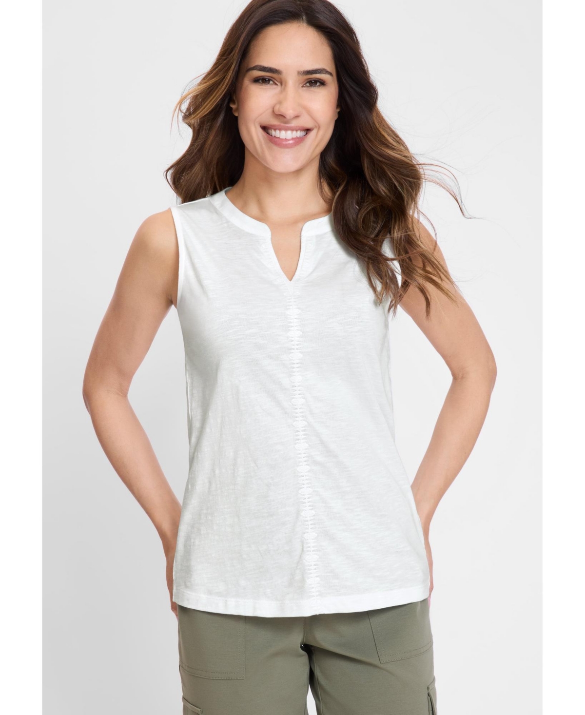 Click here for Olsen Womens Sleeveless Embroidered Detail Top - W... prices