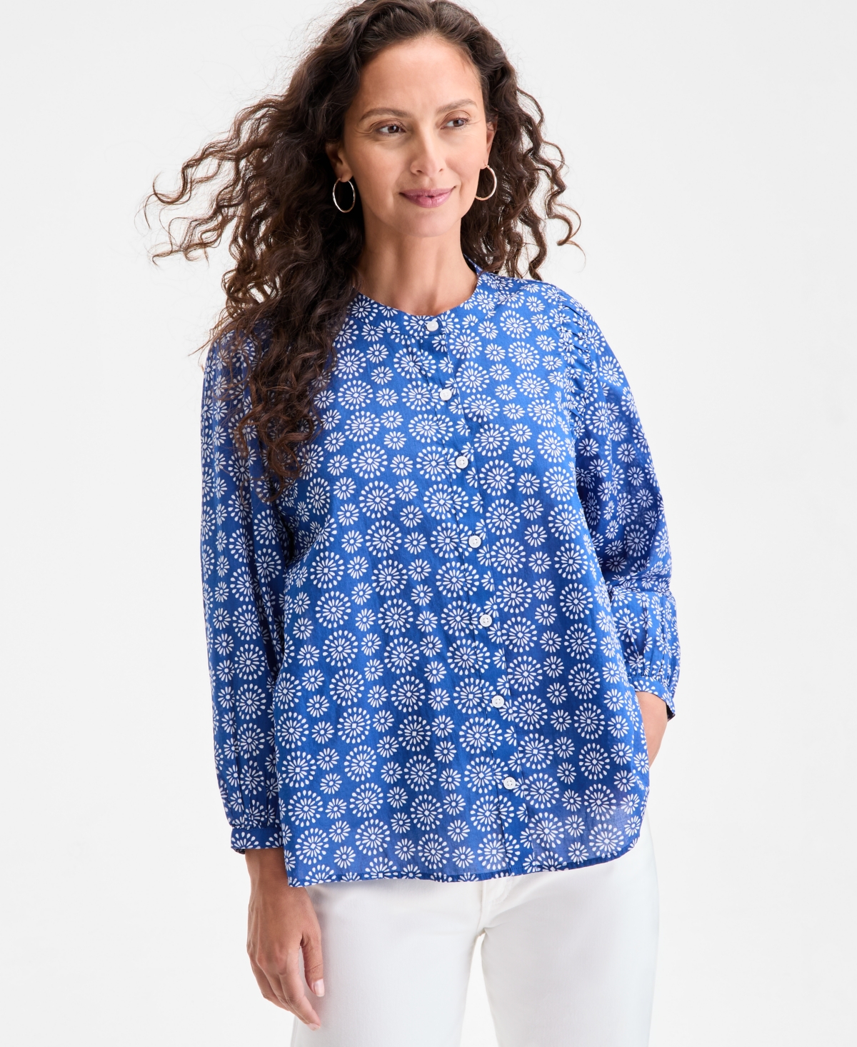 Click here for Style & Co Womens Printed Cotton Button-Front Blou... prices
