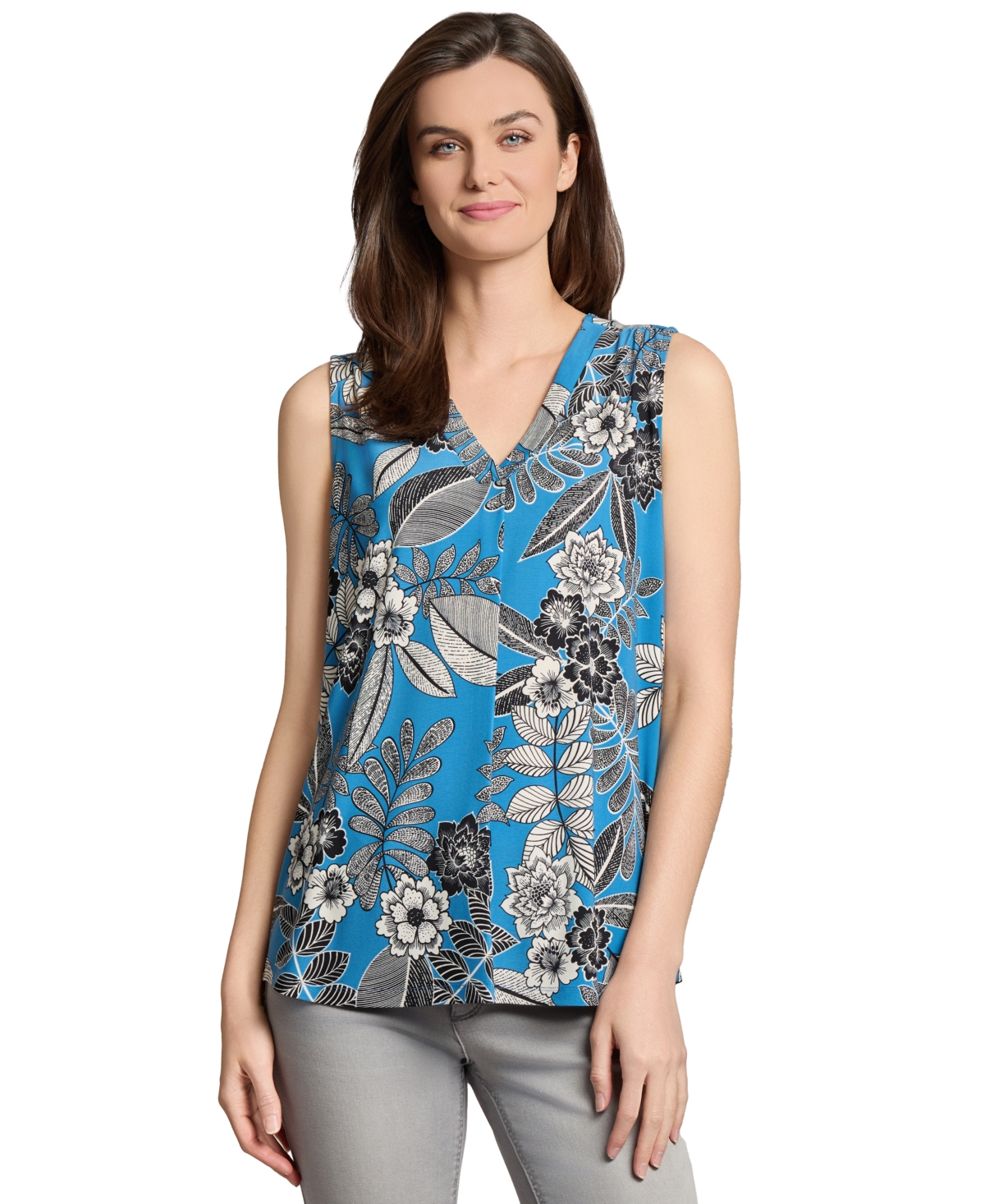 Jones New York Womens Floral-Print Pleated-Shoulder Top - Mystic Blue Multi