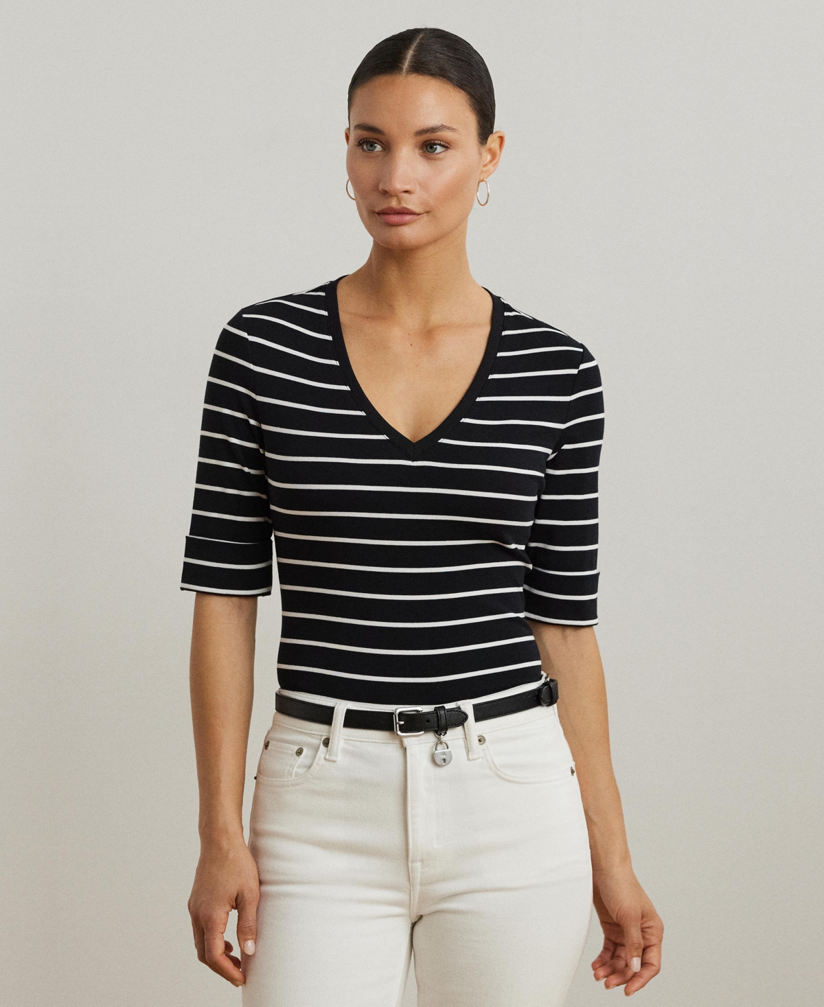 Click here for Lauren Ralph Lauren Womens Striped Cotton Elbow-Sl... prices