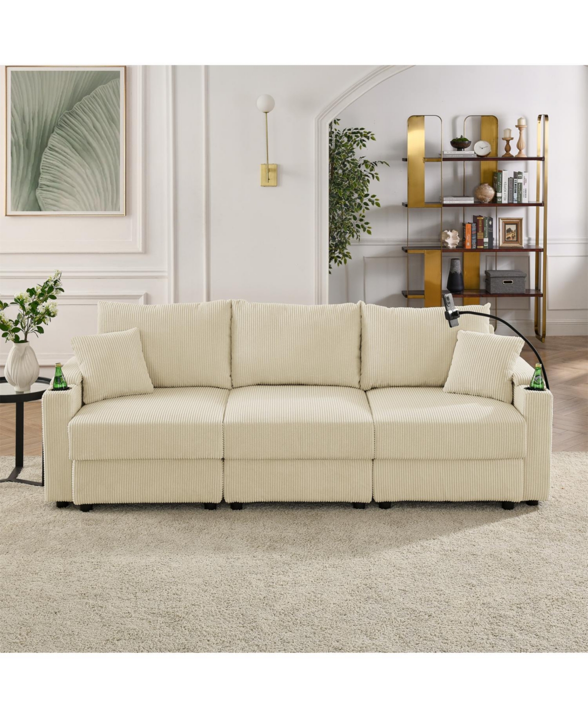 Click here for Streamdale Beige Corduroy Sofa with Storage  Cup &... prices
