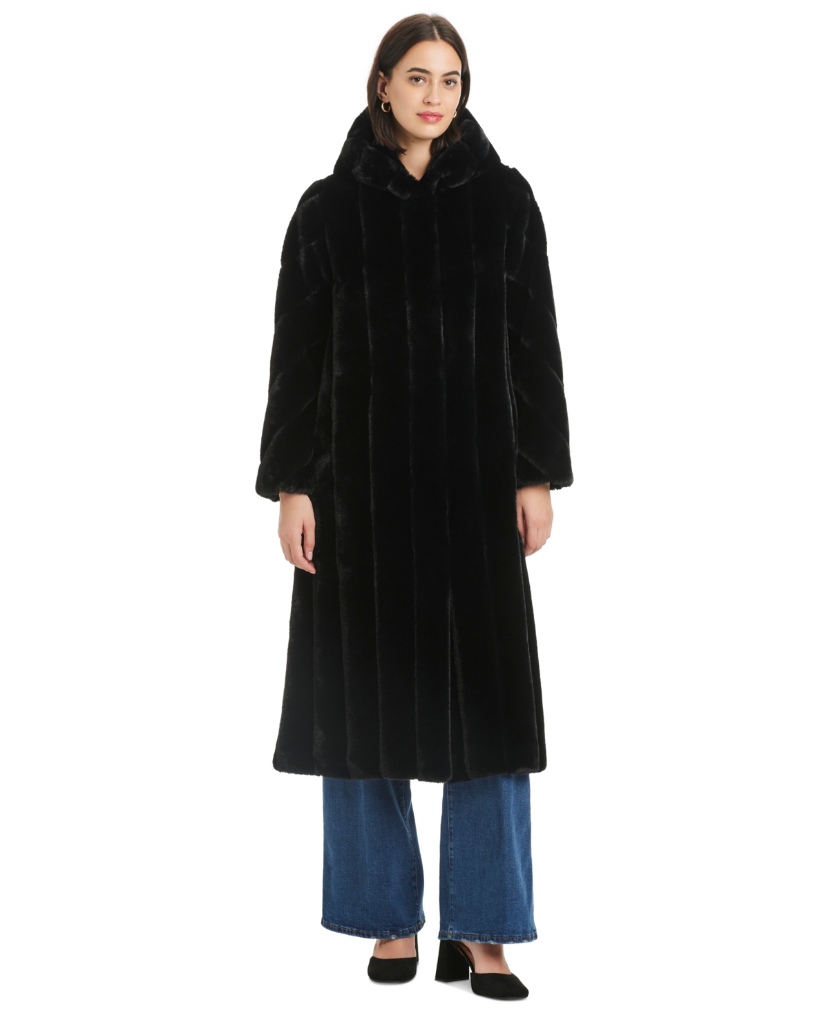 Jones New York Womens Hooded Faux-Fur Coat - Black