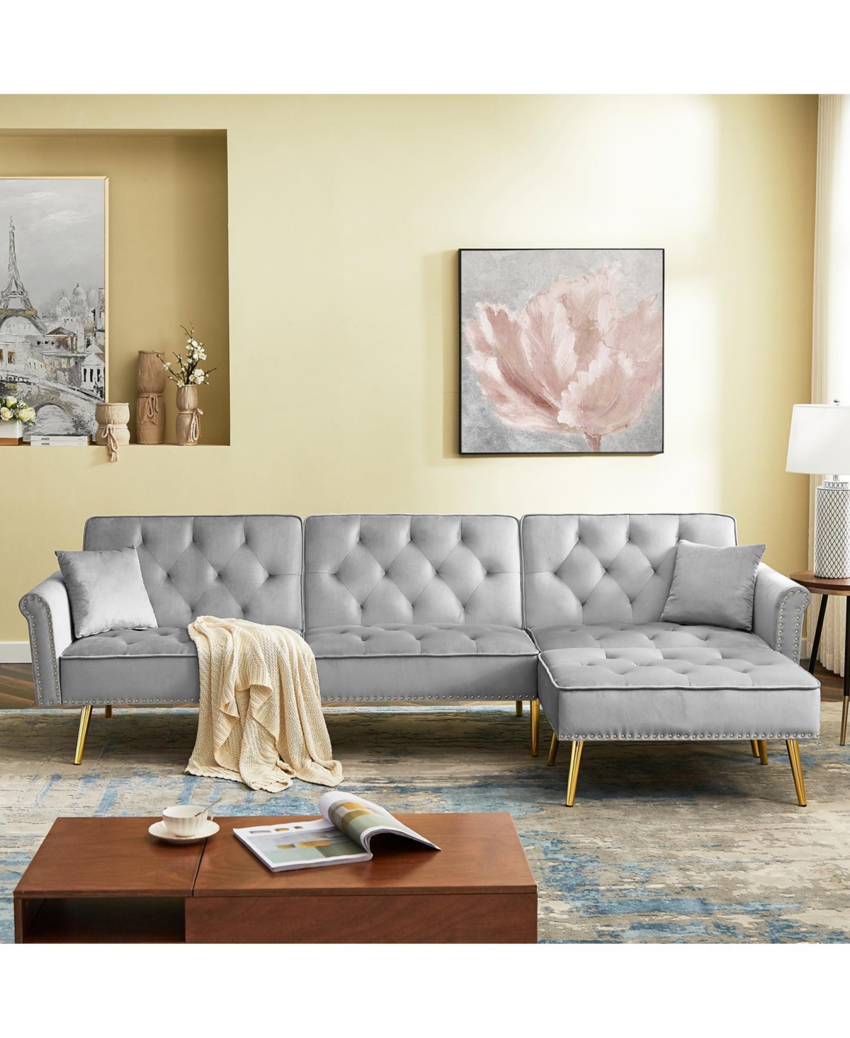 Click here for Modern Velvet Reversible Sectional Sofa Bed with O... prices
