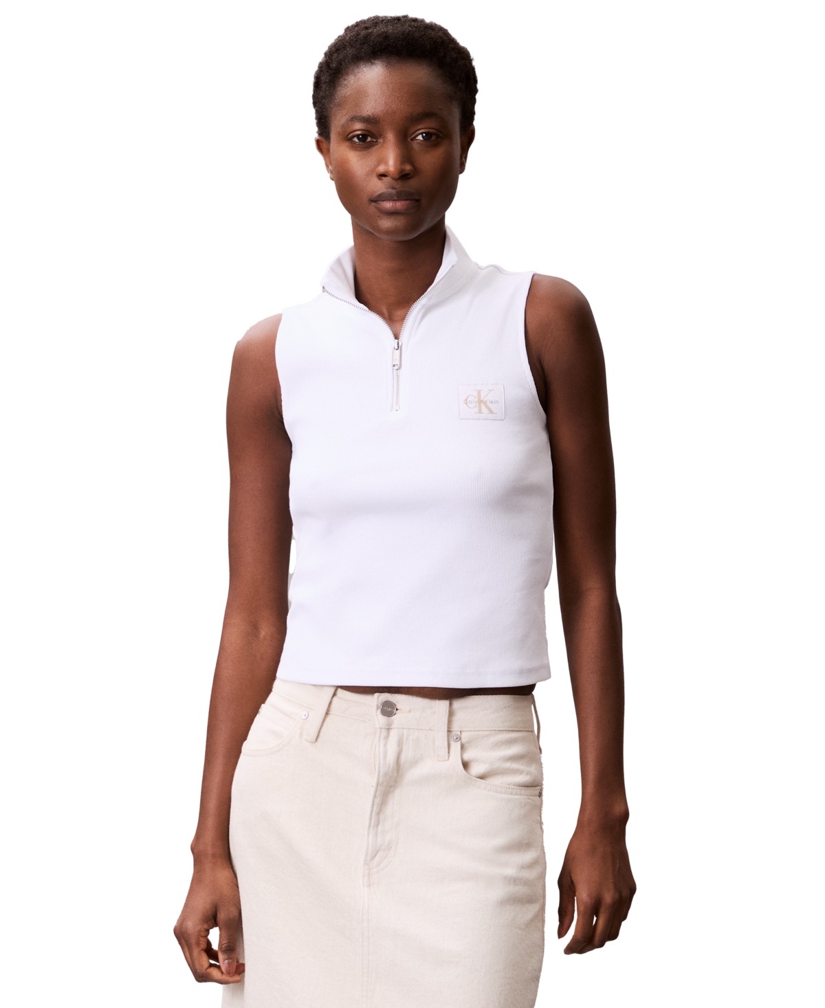 Calvin Klein Jeans Womens Sleeveless Quarter Zip Top - Brilliant White