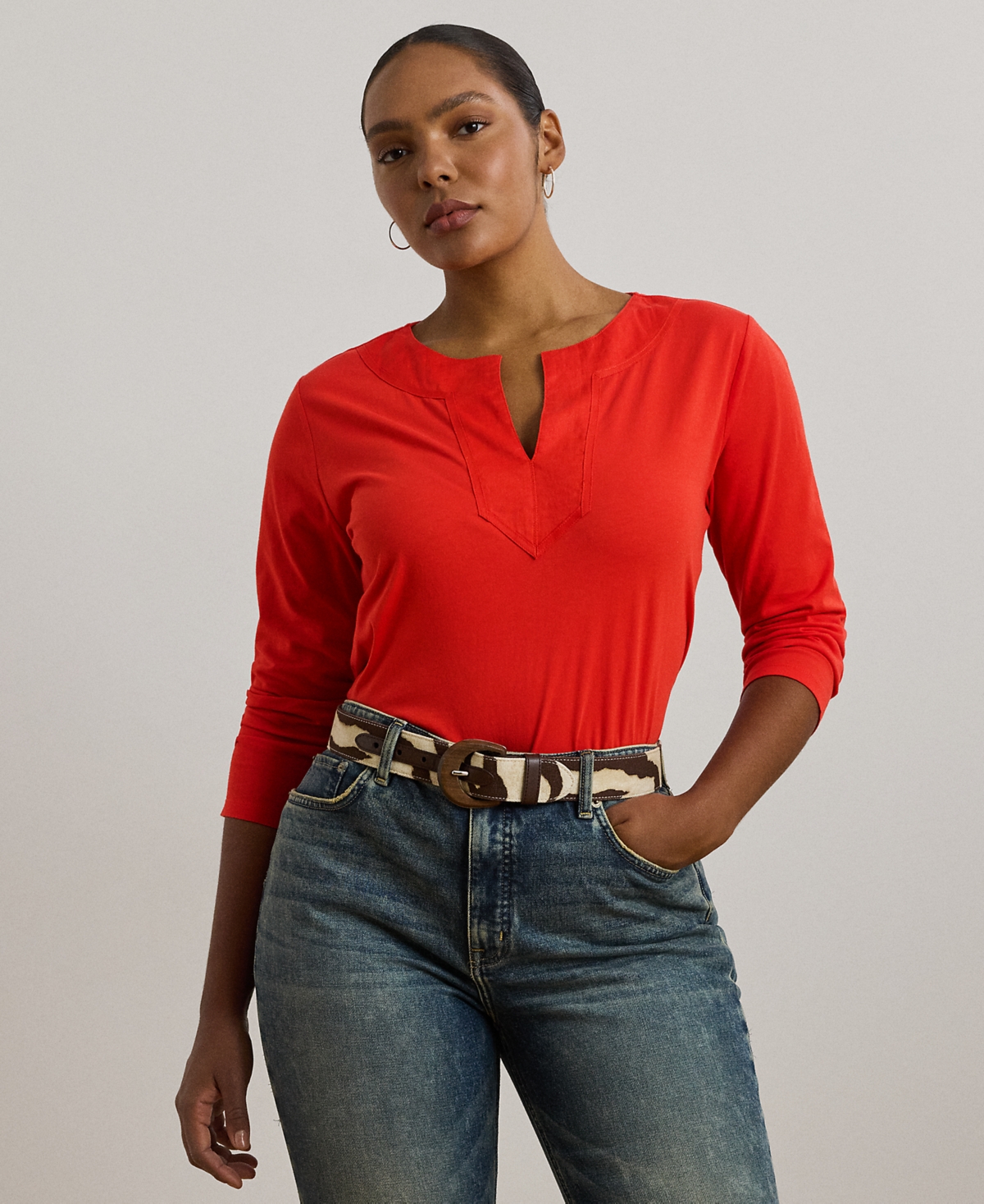 Lauren Ralph Lauren Plus Size Cotton Jersey Three-Quarter-Sleeve Tunic - Bright Vermilion