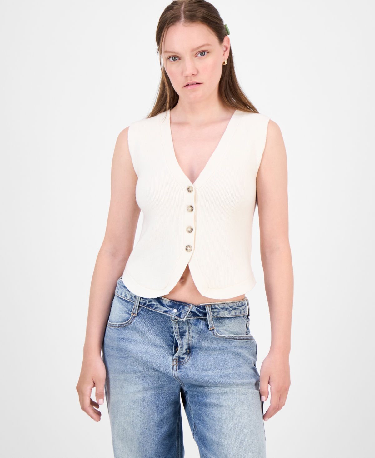 Click here for Ultra Flirt Juniors V-Neck Button-Front Sweater Ve... prices