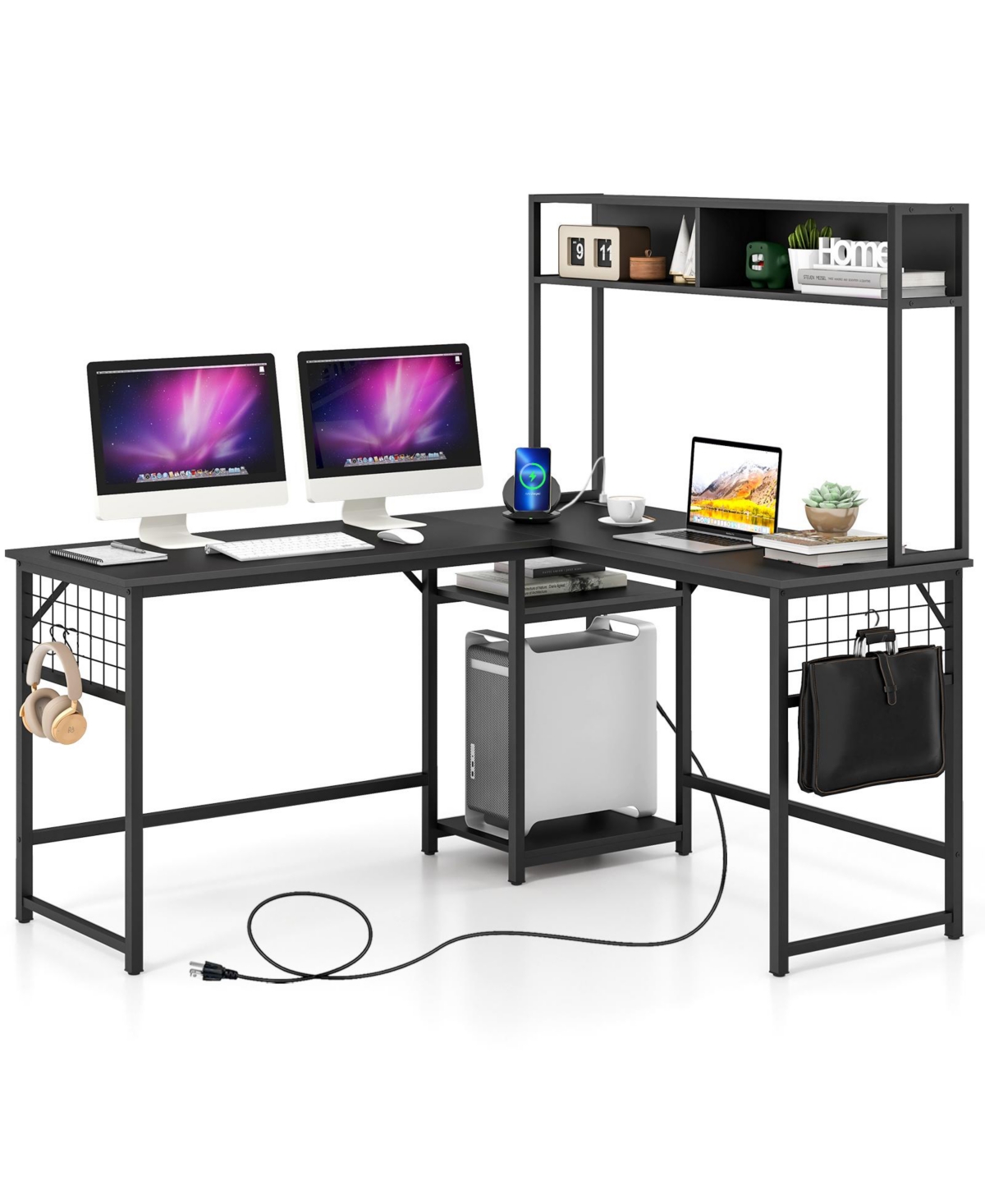 Click here for L-shaped Desk with Power Outlet Hutch - Black prices