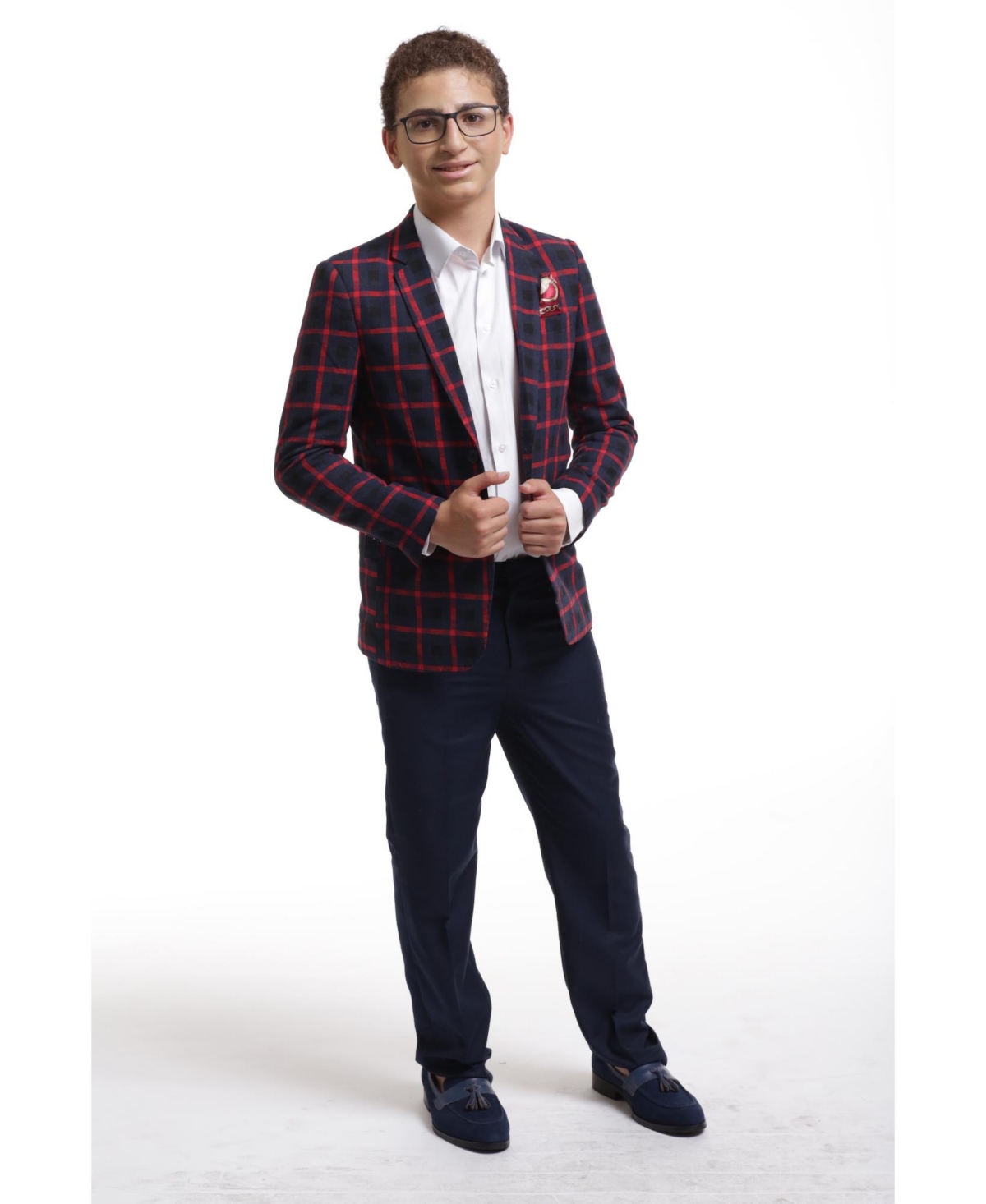 Click here for Elie Balleh Boys Navy Slim Fit Checkered Sports Co... prices