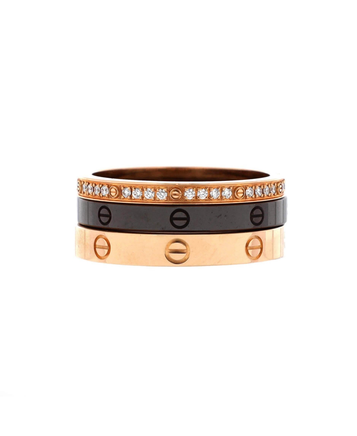 Click here for Pre-Owned Cartier Love Band 3 Ring Set 18K Rose Go... prices