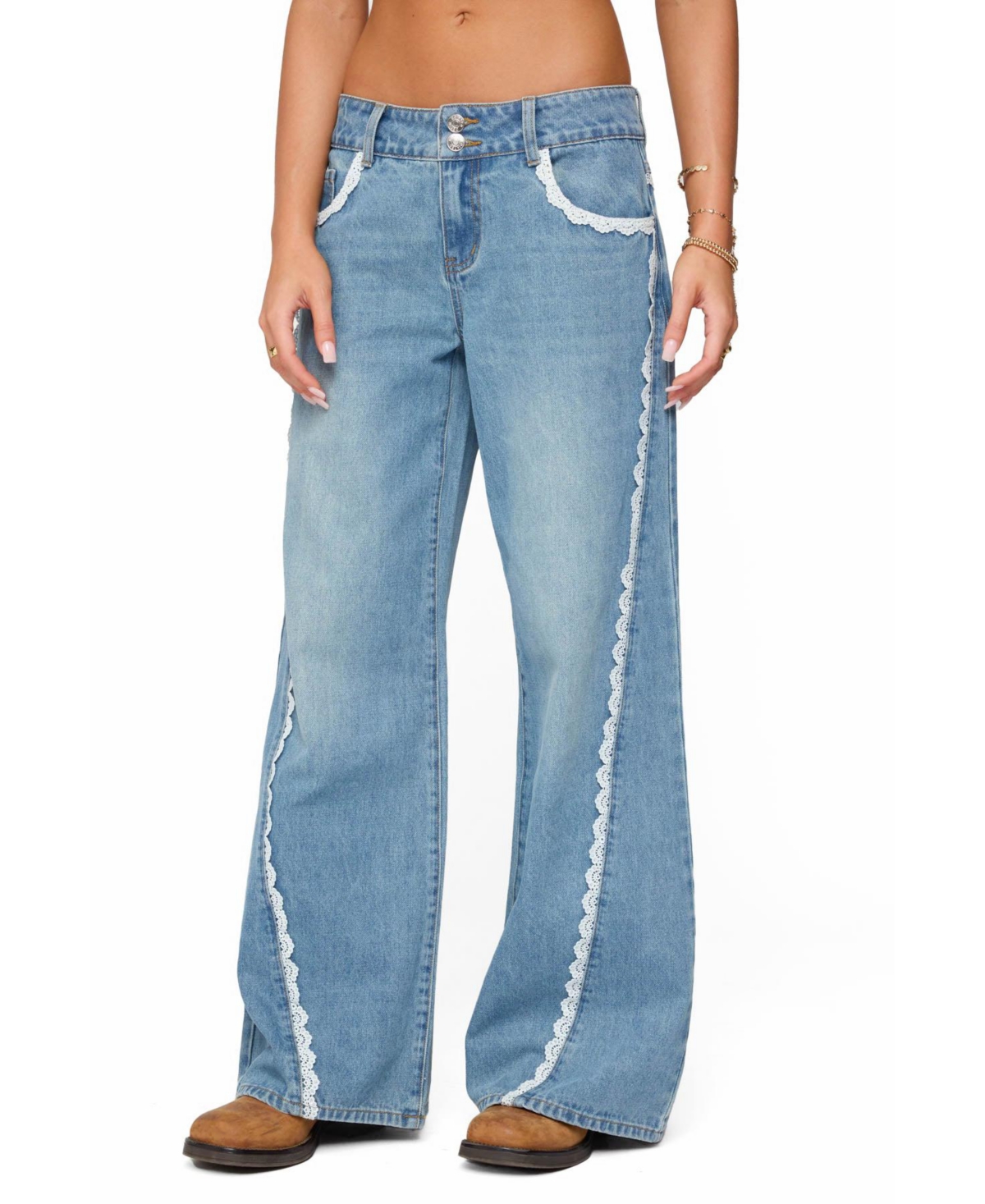 Click here for Edikted Womens Alisha Lacey Low Rise Jeans - Blue-... prices