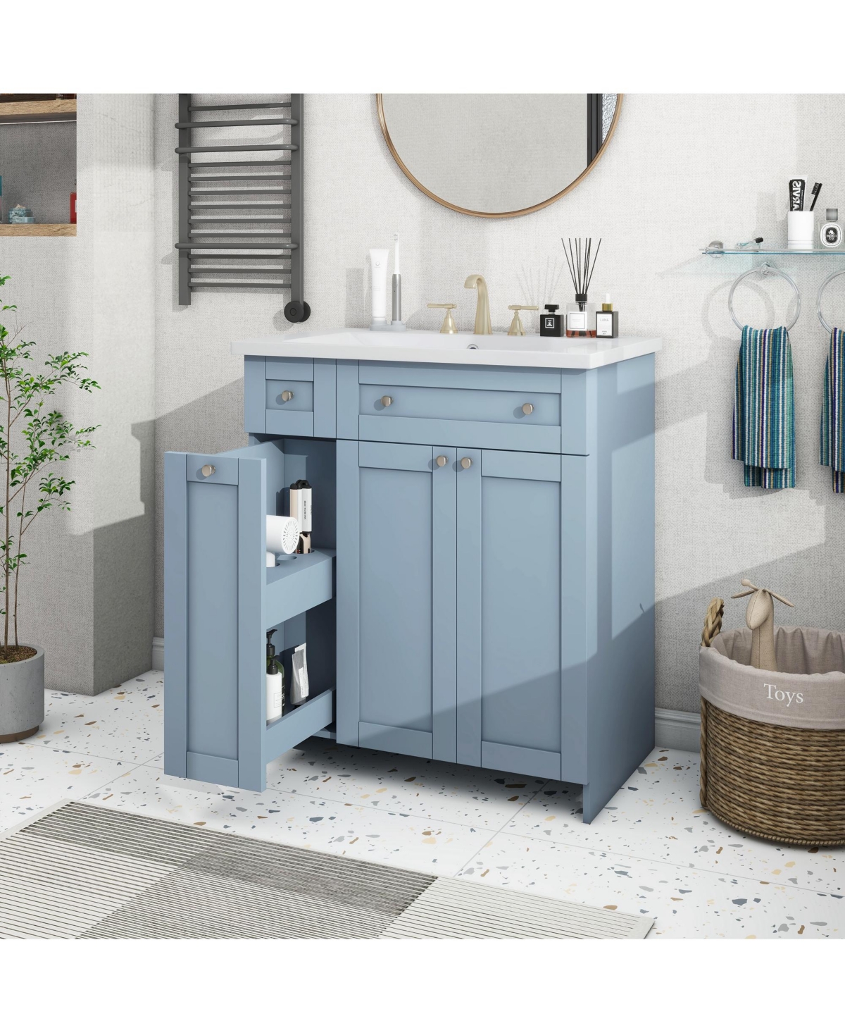 Click here for Transitional Blue Bathroom Vanity with Abundant St... prices