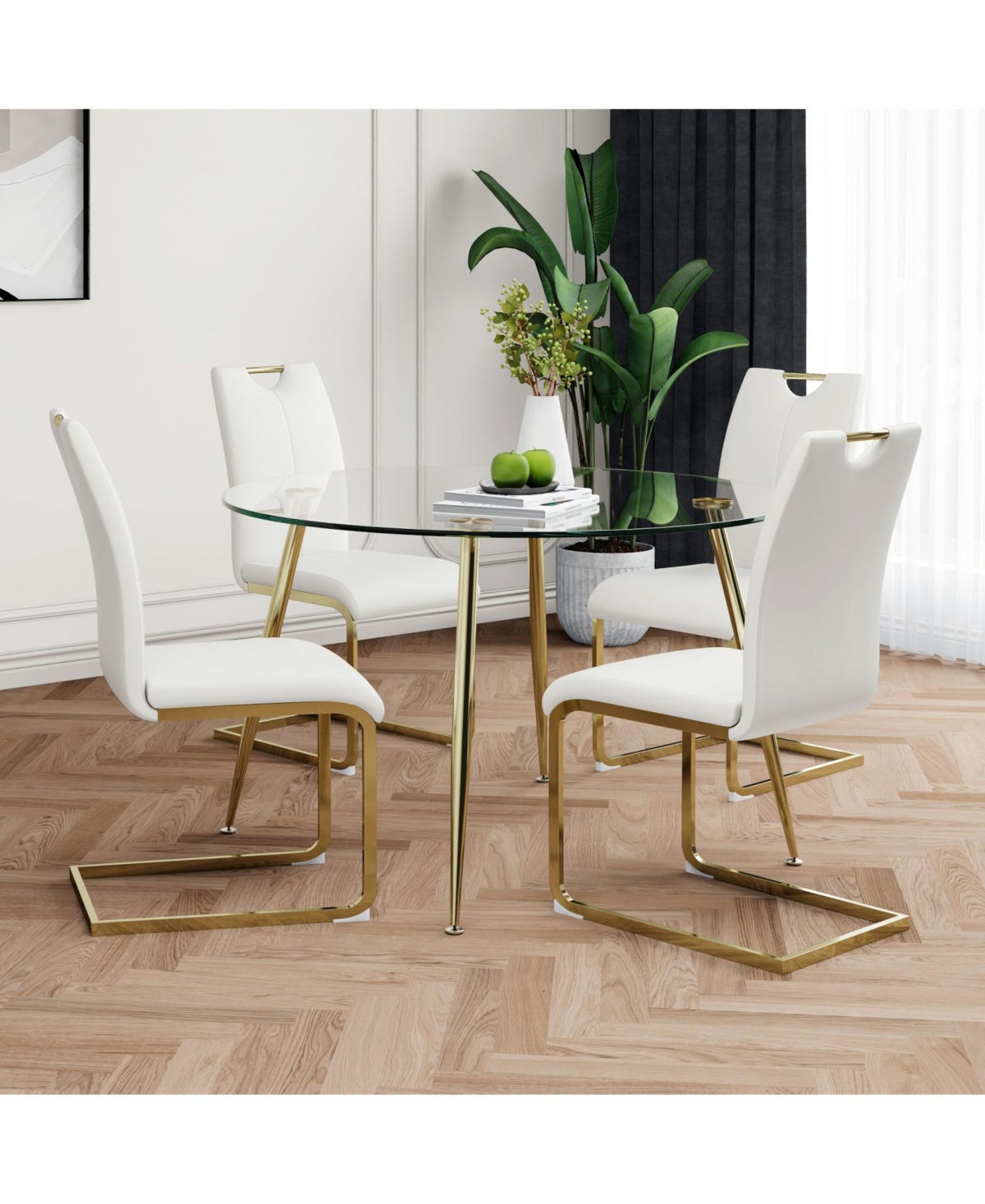 Click here for Streamdale Glass Table & 4 White Pu Chairs - Gold... prices