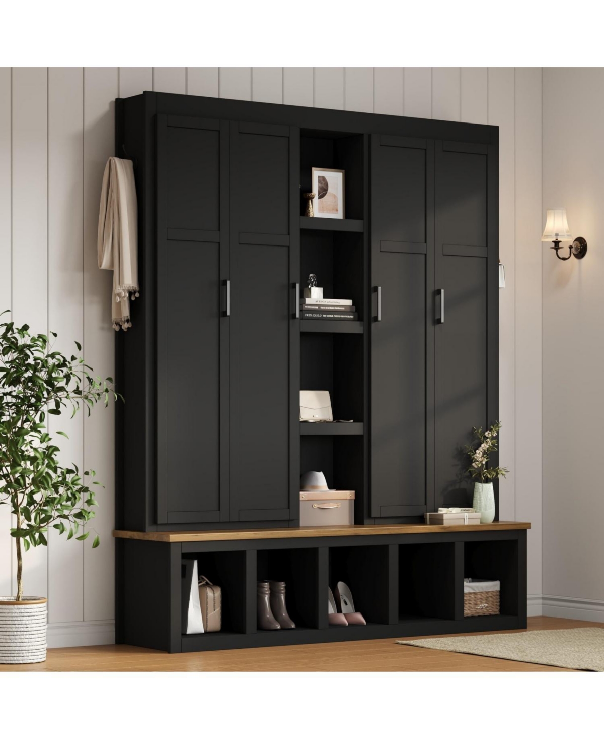 Click here for Farmhouse Hall Tree with Bench & Storage - Black prices