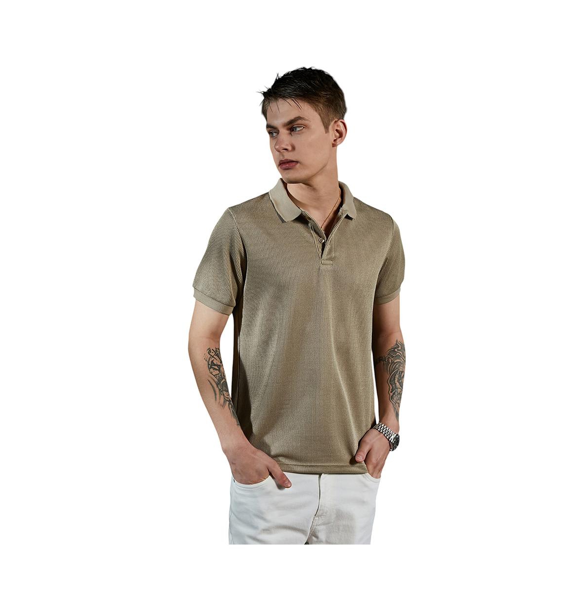 Click here for Campus Sutra Mens Camel Beige Solid Ribbed Polo T-... prices