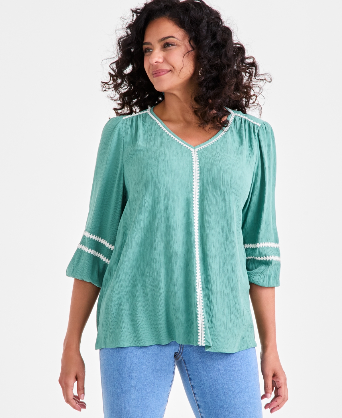Style & Co Womens V-Neck Contrast-Trim 3/4-Sleeve Blouse  Exclusively at Macys - Kendal Green